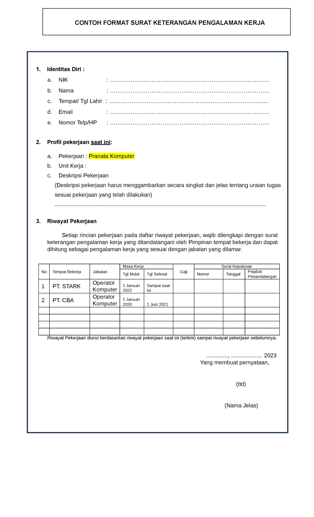 Format Formasi Umum + Bukti Pengalaman Kerja - CONTOH FORMAT SURAT ...
