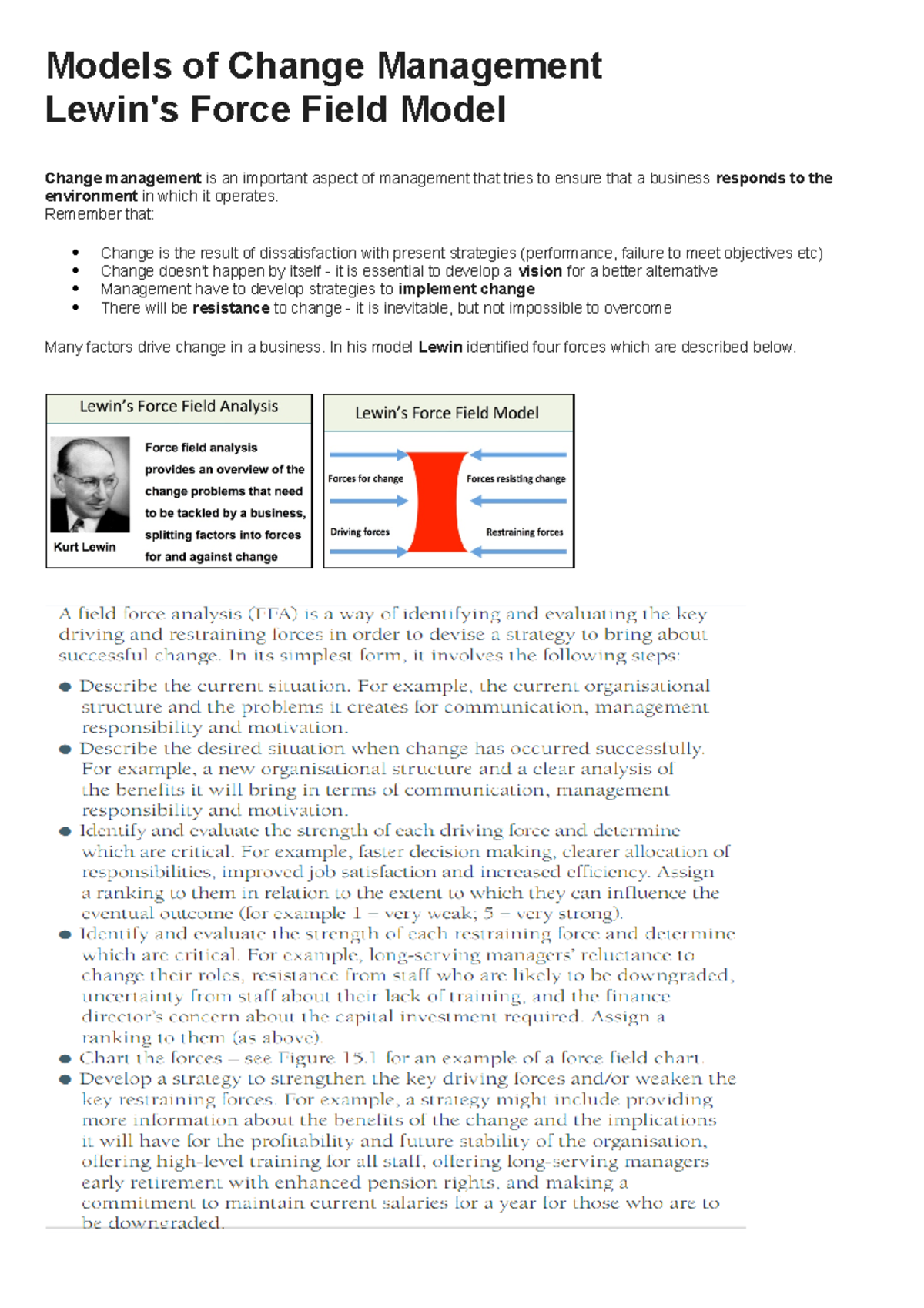 Kurt Lewis Force Field Analysis - Models of Change Management Lewin's ...