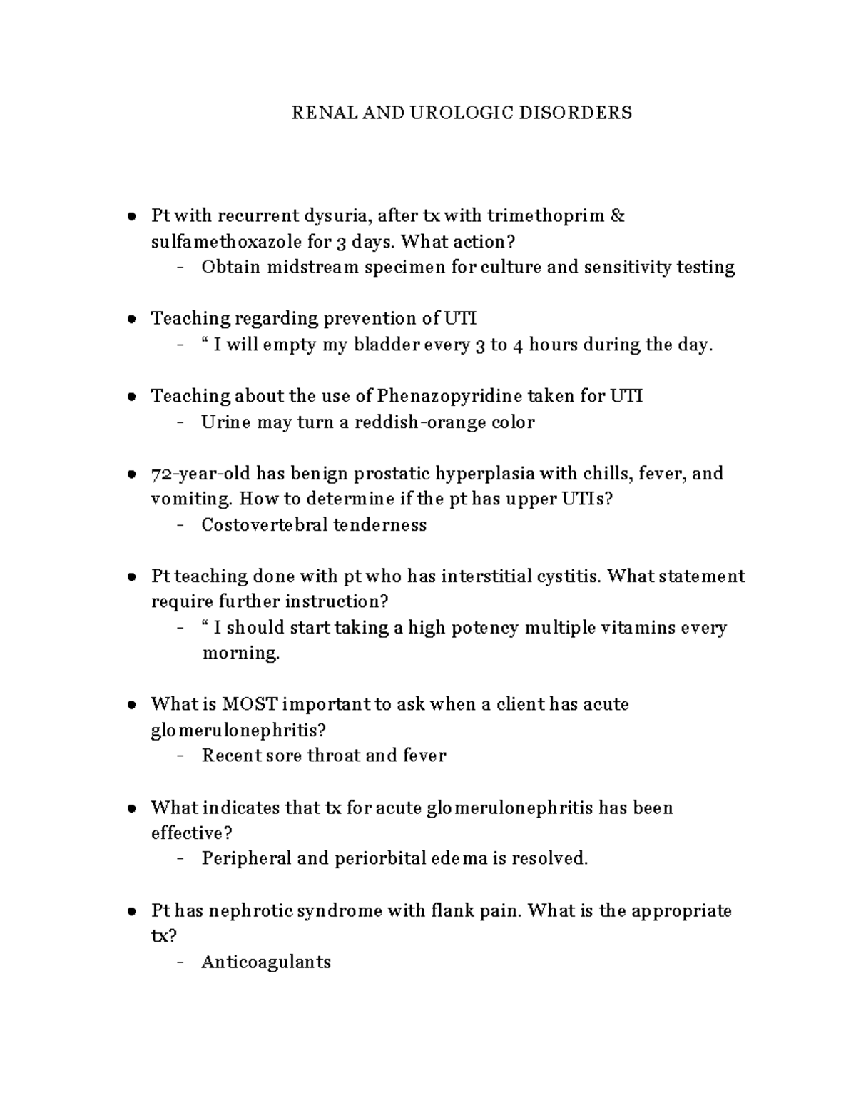 Renal & Urologic - RENAL AND UROLOGIC DISORDERS Pt with recurrent ...