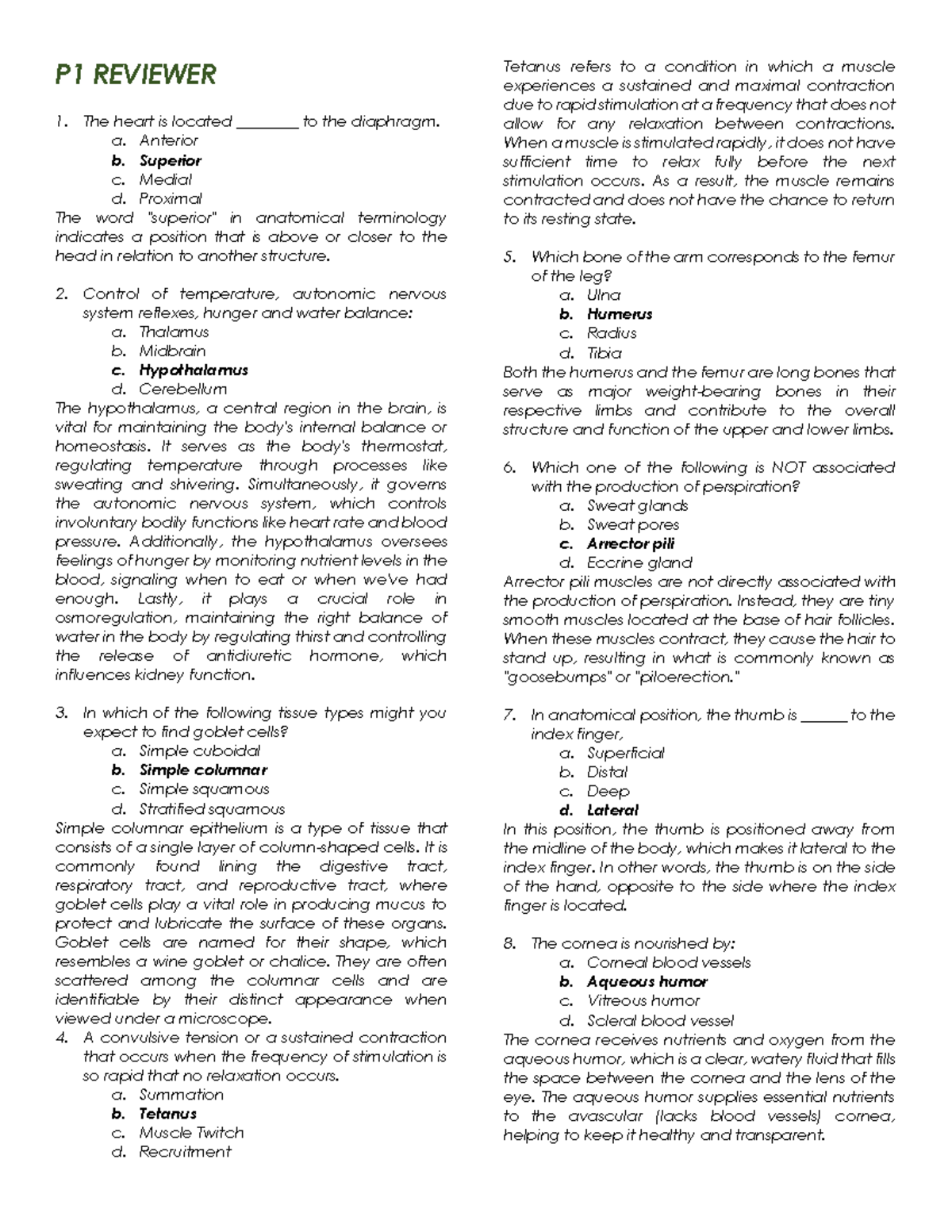 ANAPHY P1 Reviewer 2 - P1 REVIEWER 1. The heart is located ________ to the diaphragm. a ...