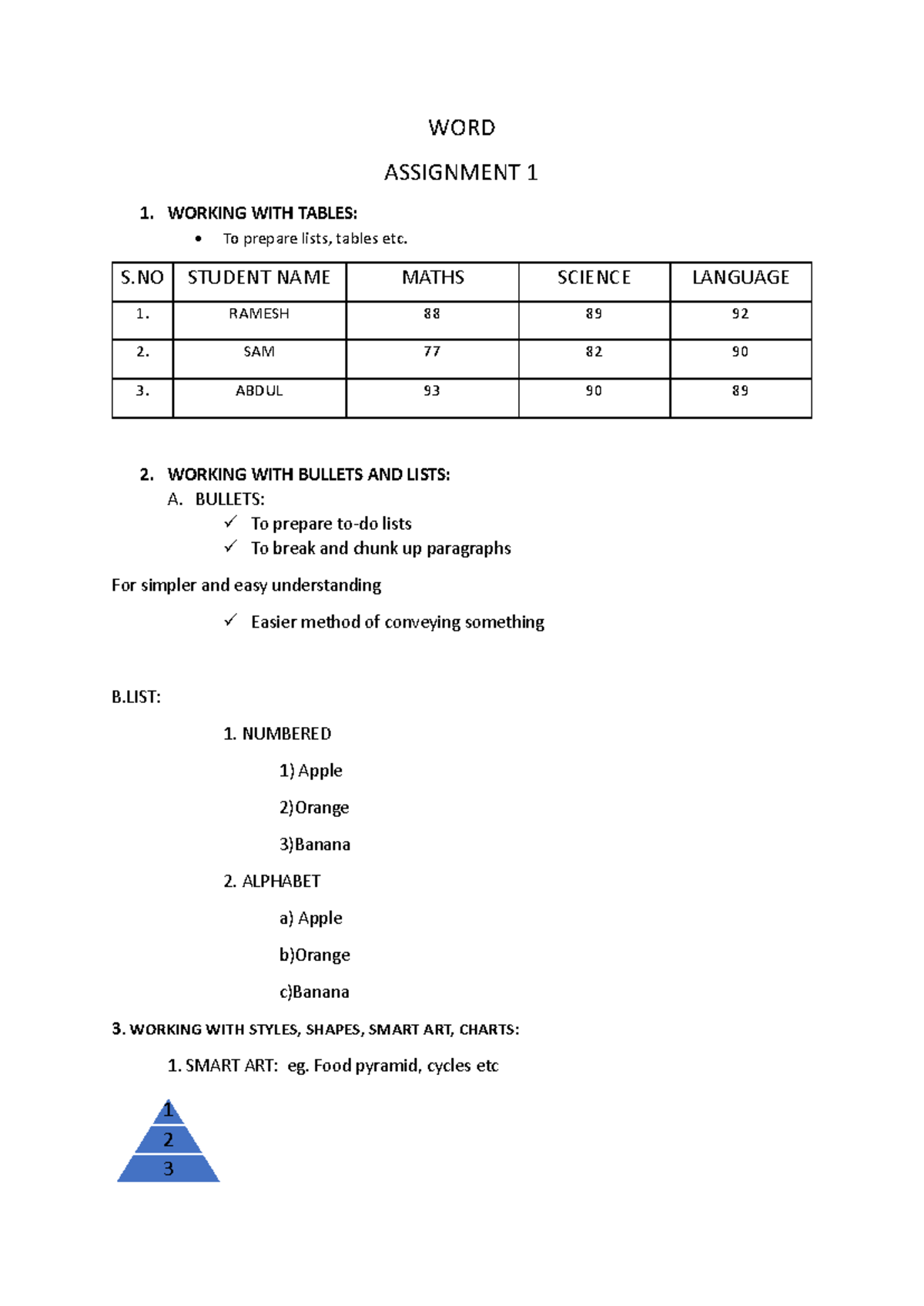 Assignment 1 pd - WORD ASSIGNMENT 1 1. WORKING WITH TABLES: • To ...
