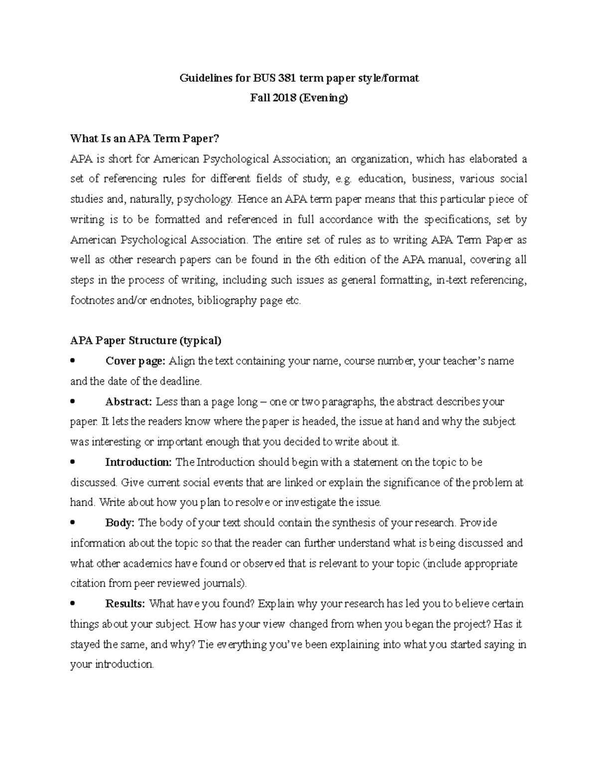 General notes on APA style - Guidelines for BUS 381 term paper style ...