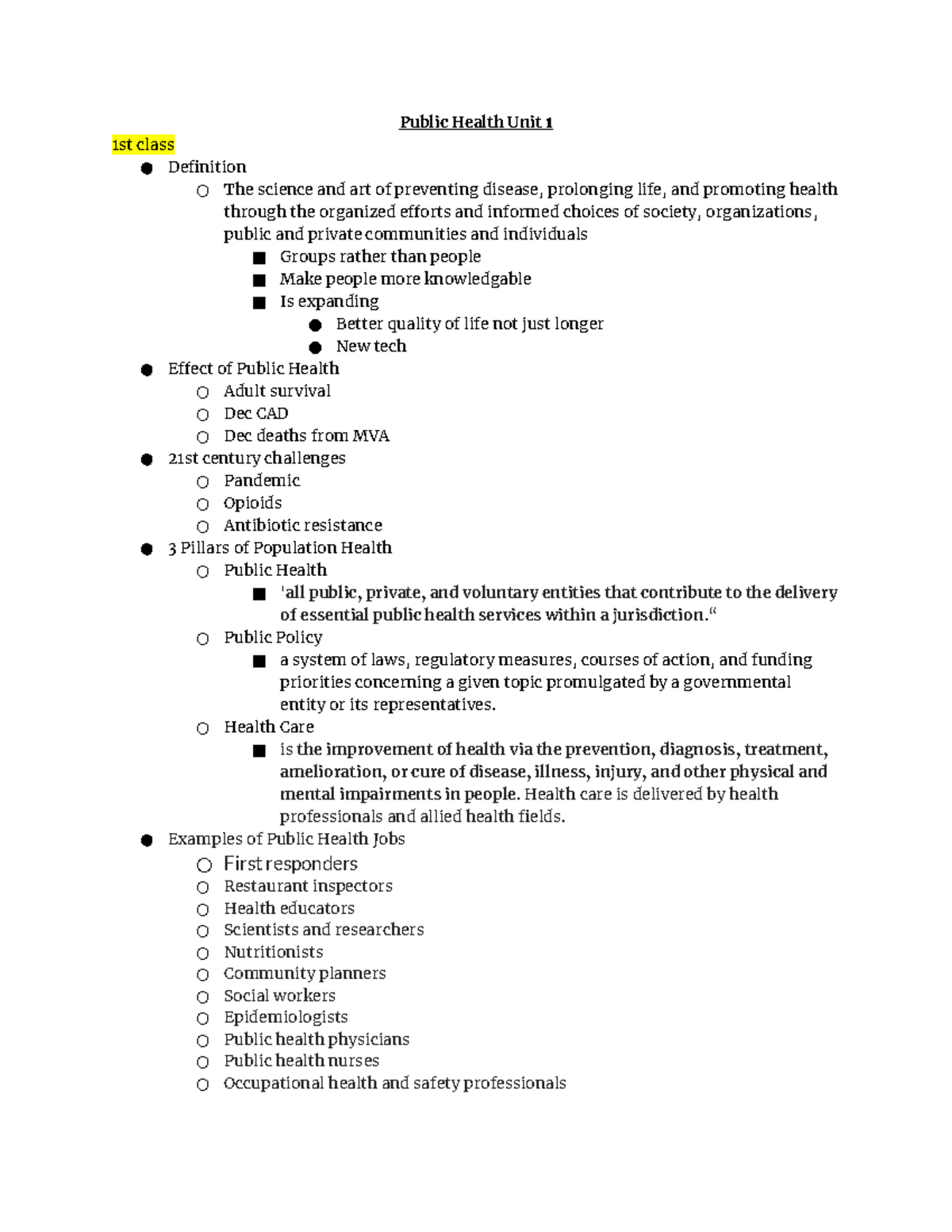 Public Health Notes - Public Health Unit 1 1st class Definition The ...