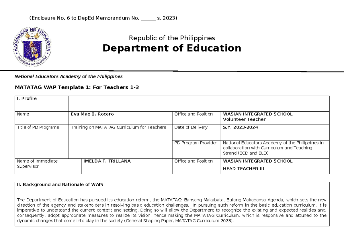 Matatag-WAP-Template-1 For-Teachers Session No 15 Eva Mae B. Rocero - (Enclosure No. 6 to DepEd ...