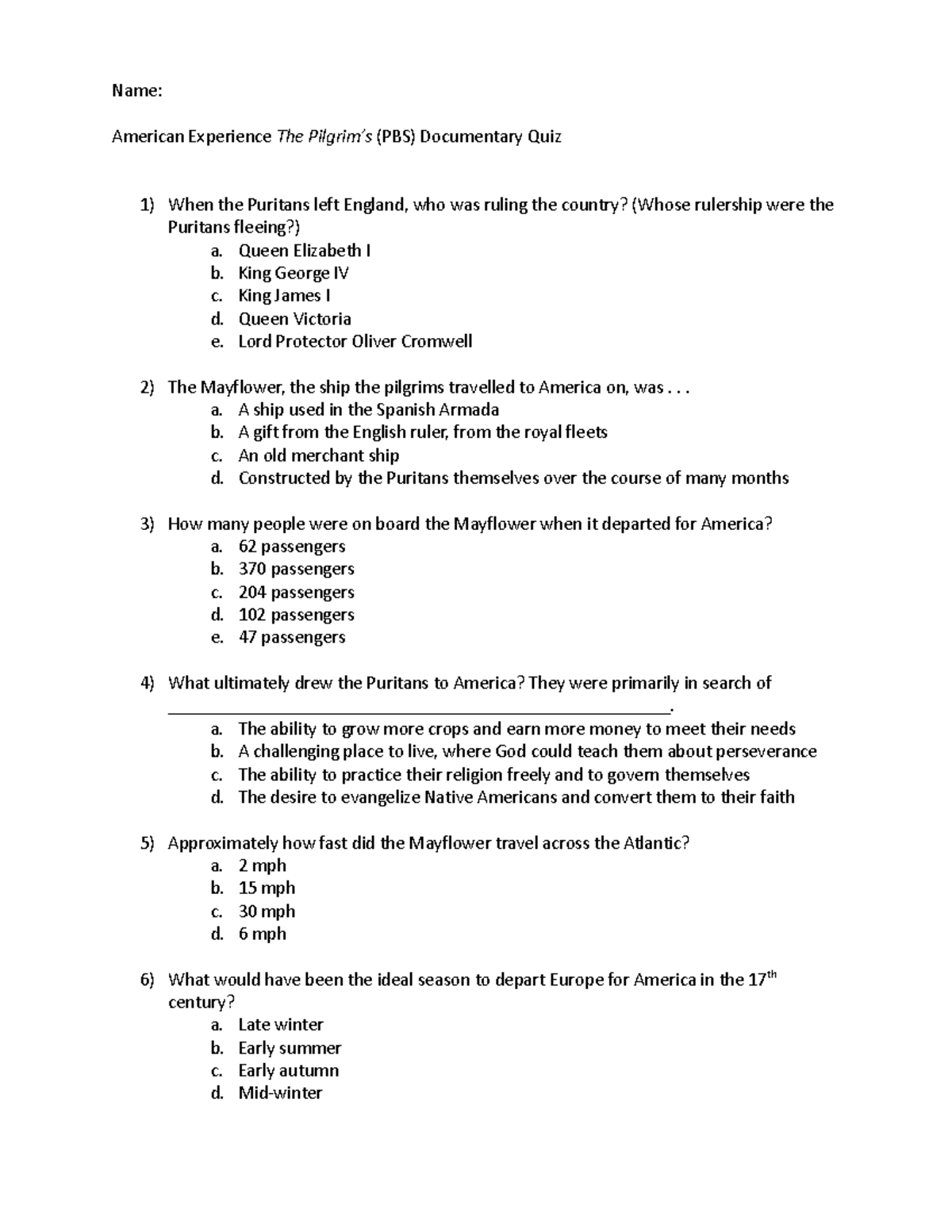 The Pilgrims Video Quiz - Name: American Experience The Pilgrim’s (PBS ...