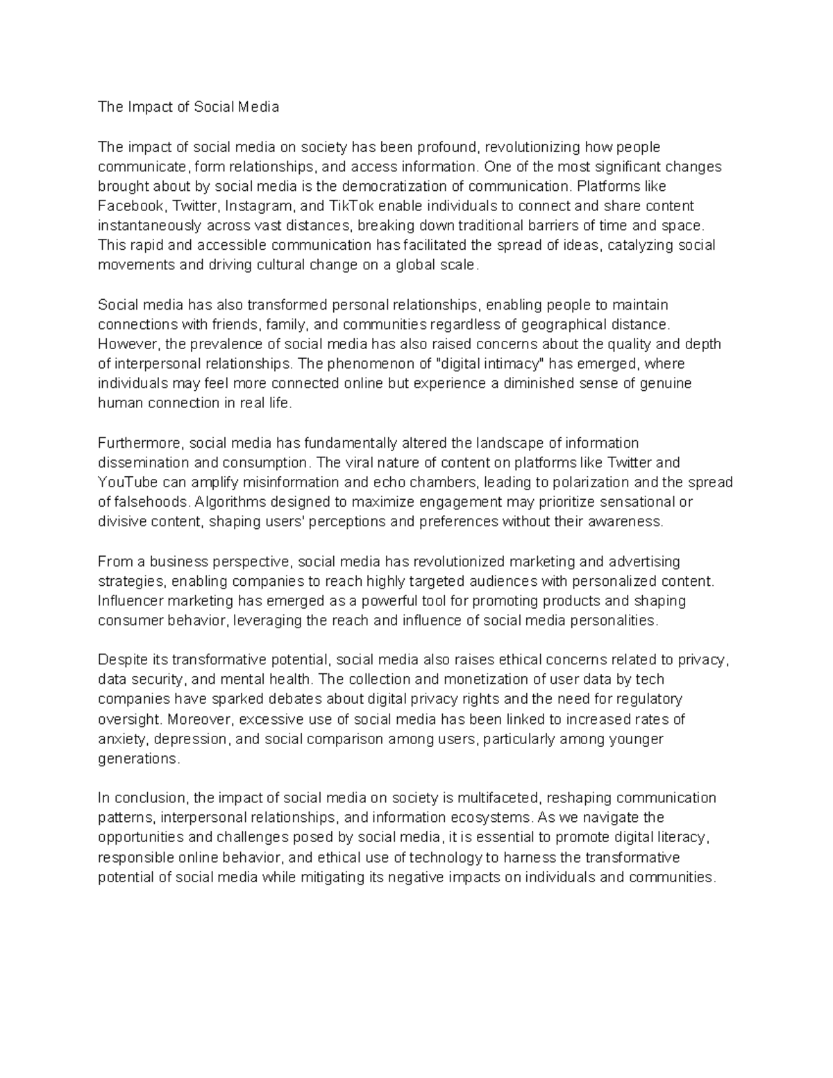 CH9 - ESSAY - The Impact of Social Media The impact of social media on ...