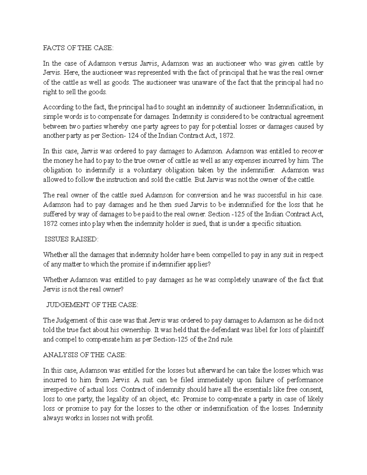 Adamson v. Jarvis - FACTS OF THE CASE: In the case of Adamson versus ...