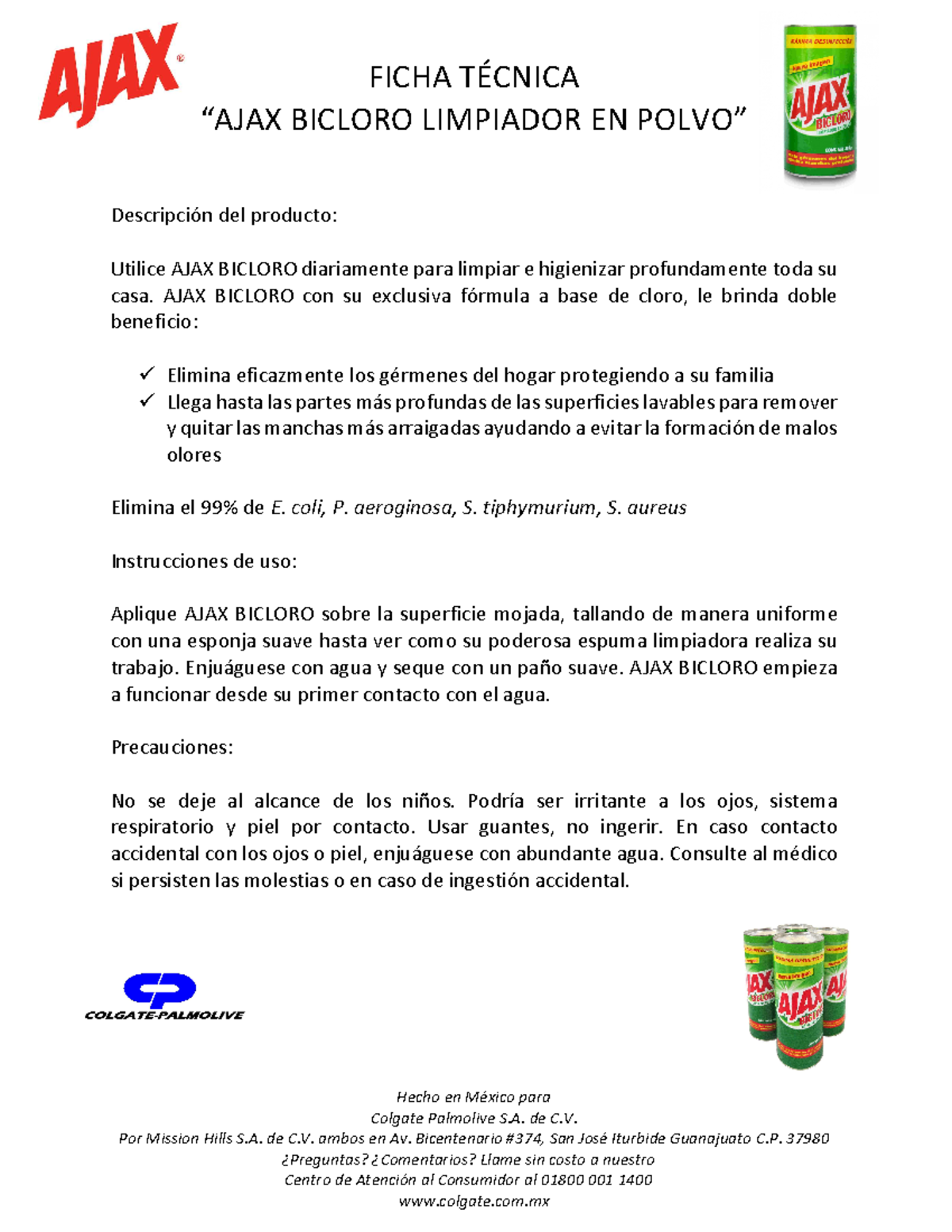 Ajax Bicloro Ficha Tecnica (00000003) - Hecho en México para Colgate ...