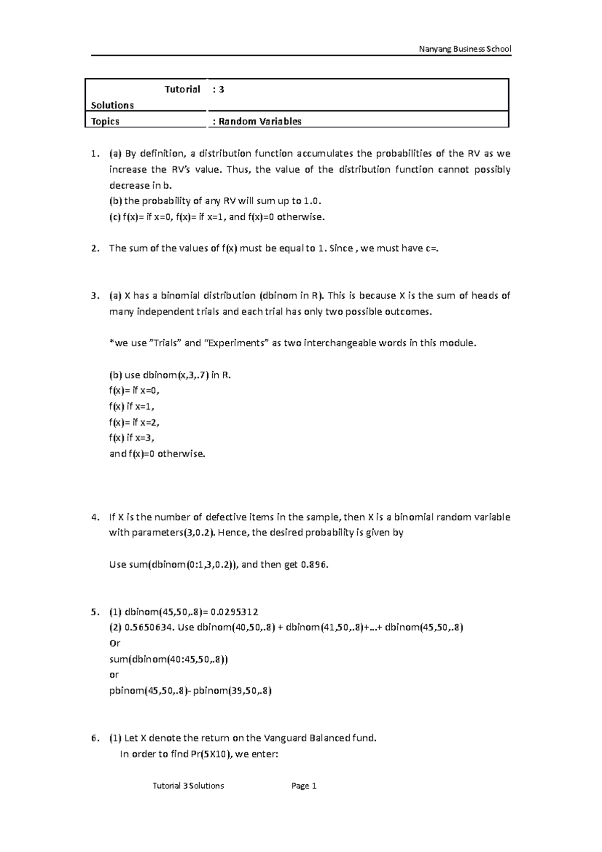 Solutions Week 3 Nanyang Business School Tutorial Solutions 3 Topics Random Variables A