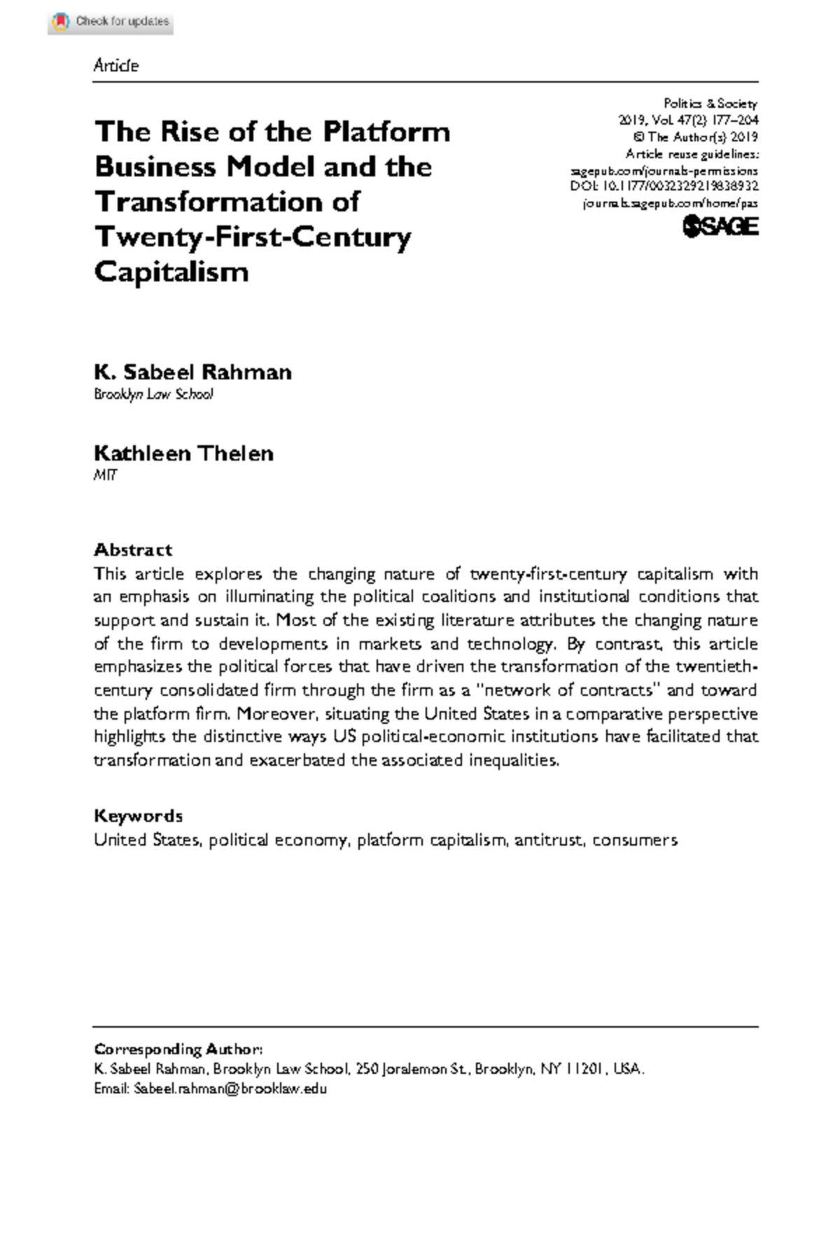 Rahman thelen 2019 the rise of the platform business model and the ...