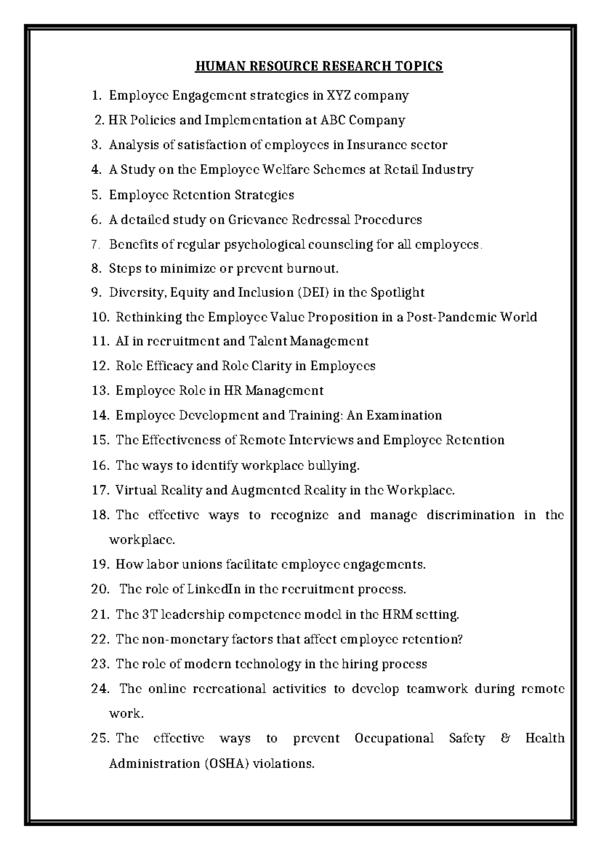 Human Resource Research Topics - HUMAN RESOURCE RESEARCH TOPICS 1 ...