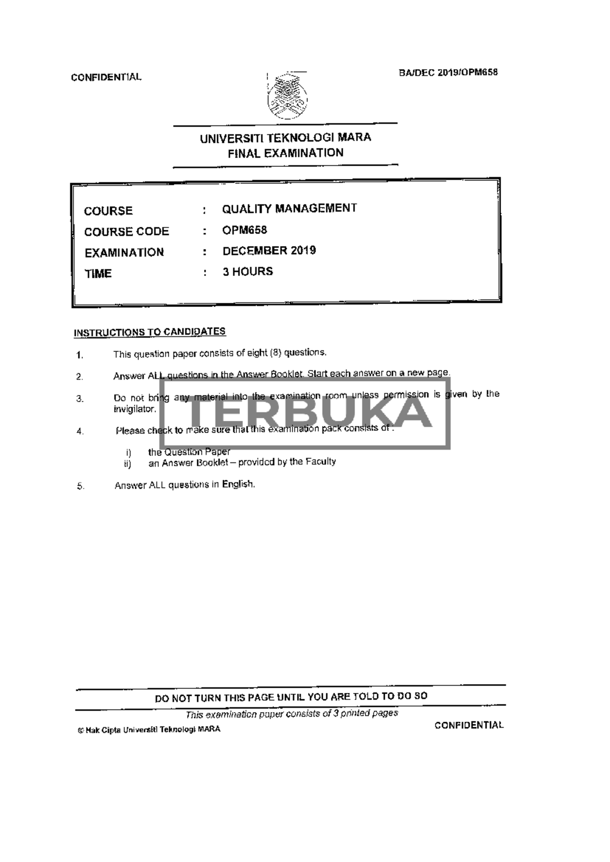 OPM658 - note - CONFIDENTIAL BA/DEC 2019/OPM ^0> UNIVERSITI TEKNOLOGI ...