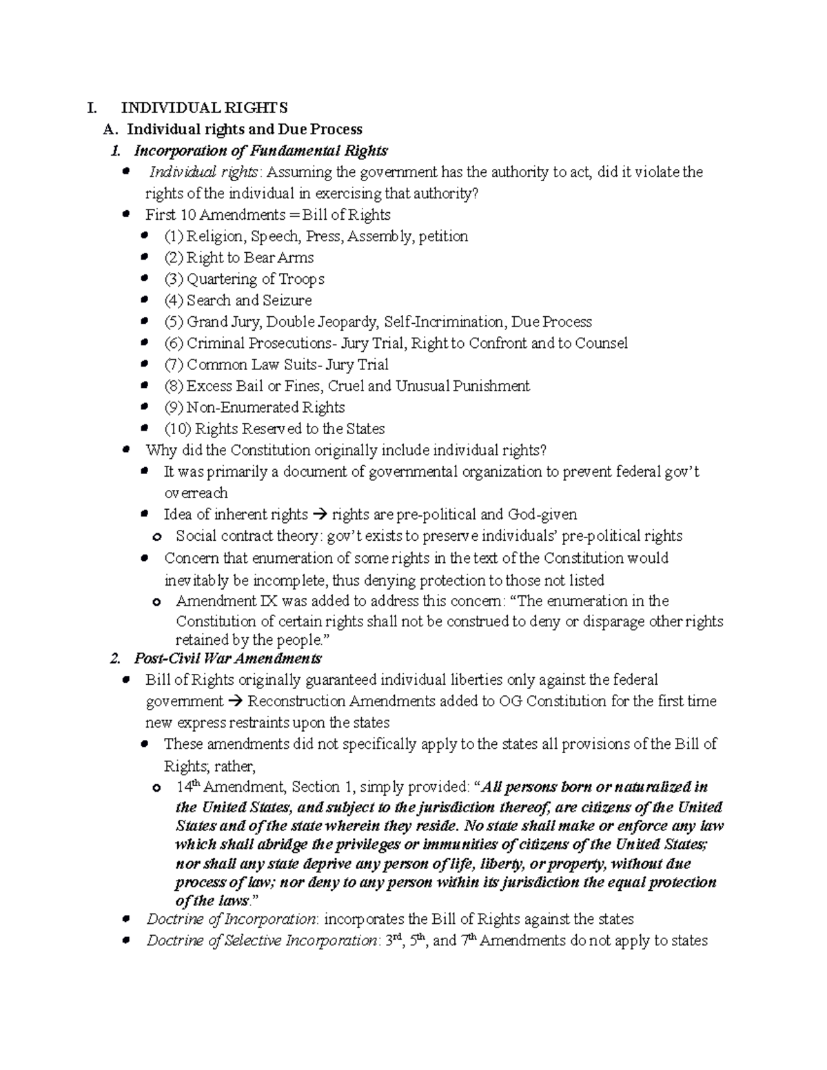 Constitutional Law Outline - 3 - I. INDIVIDUAL RIGHTS A. Individual ...