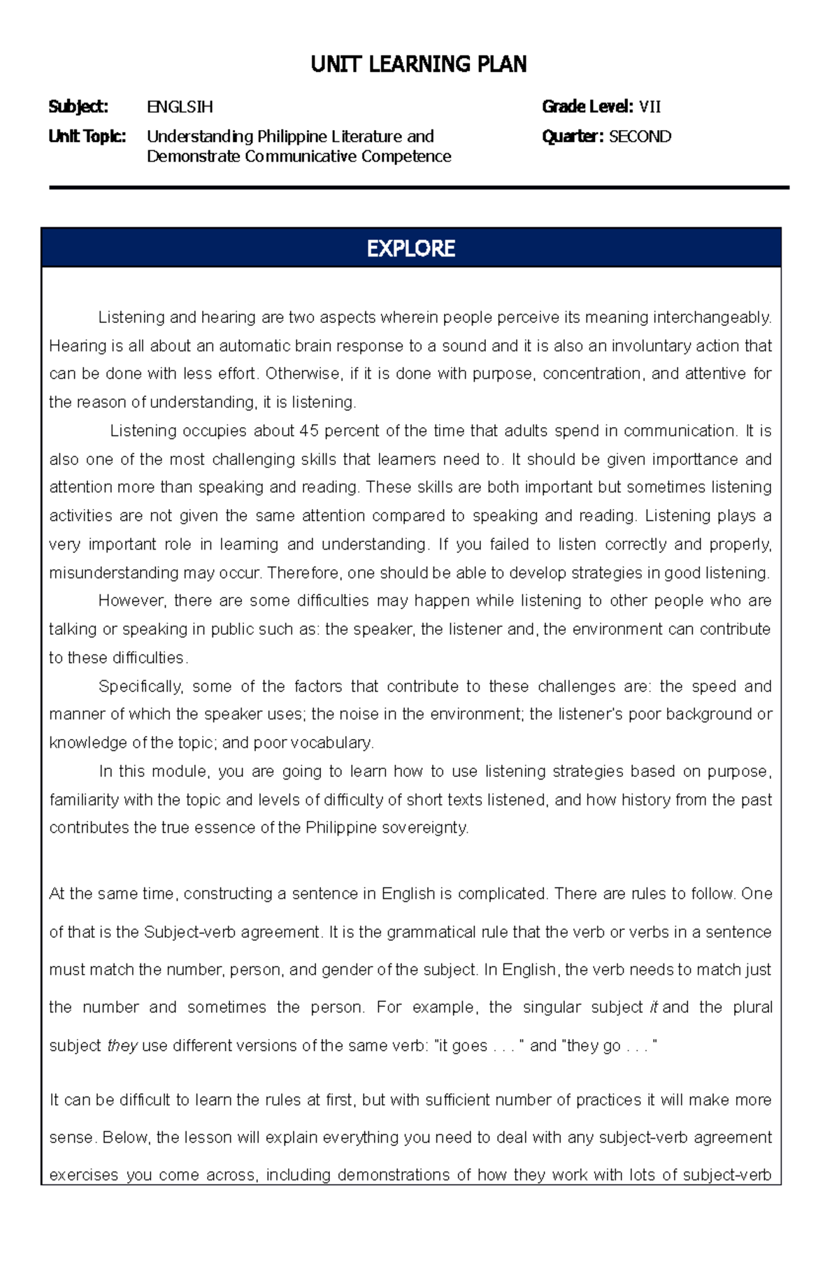 English VII- LP FOR 2022-2023 2ND QTR - UNIT LEARNING PLAN Subject ...