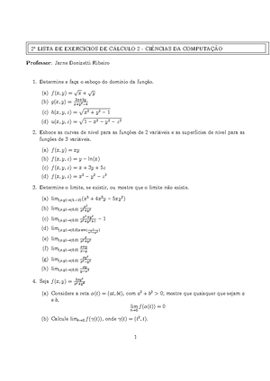 Lista de exercícios 5 - Calculo II - 5 LISTA DE EXERC ́ICIOS DE CALCULO ...