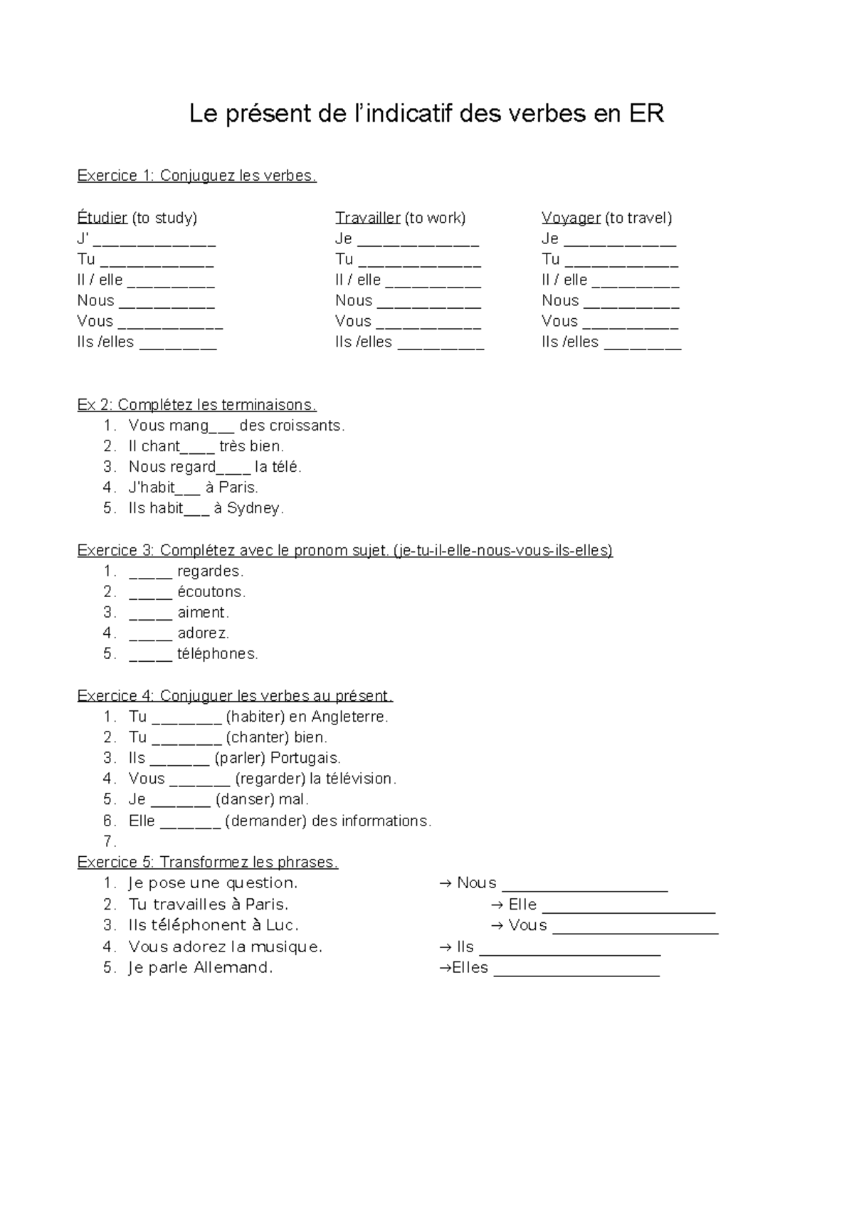 Le présent de l’indicatif des verbes en ER - Le présent de l’indicatif ...