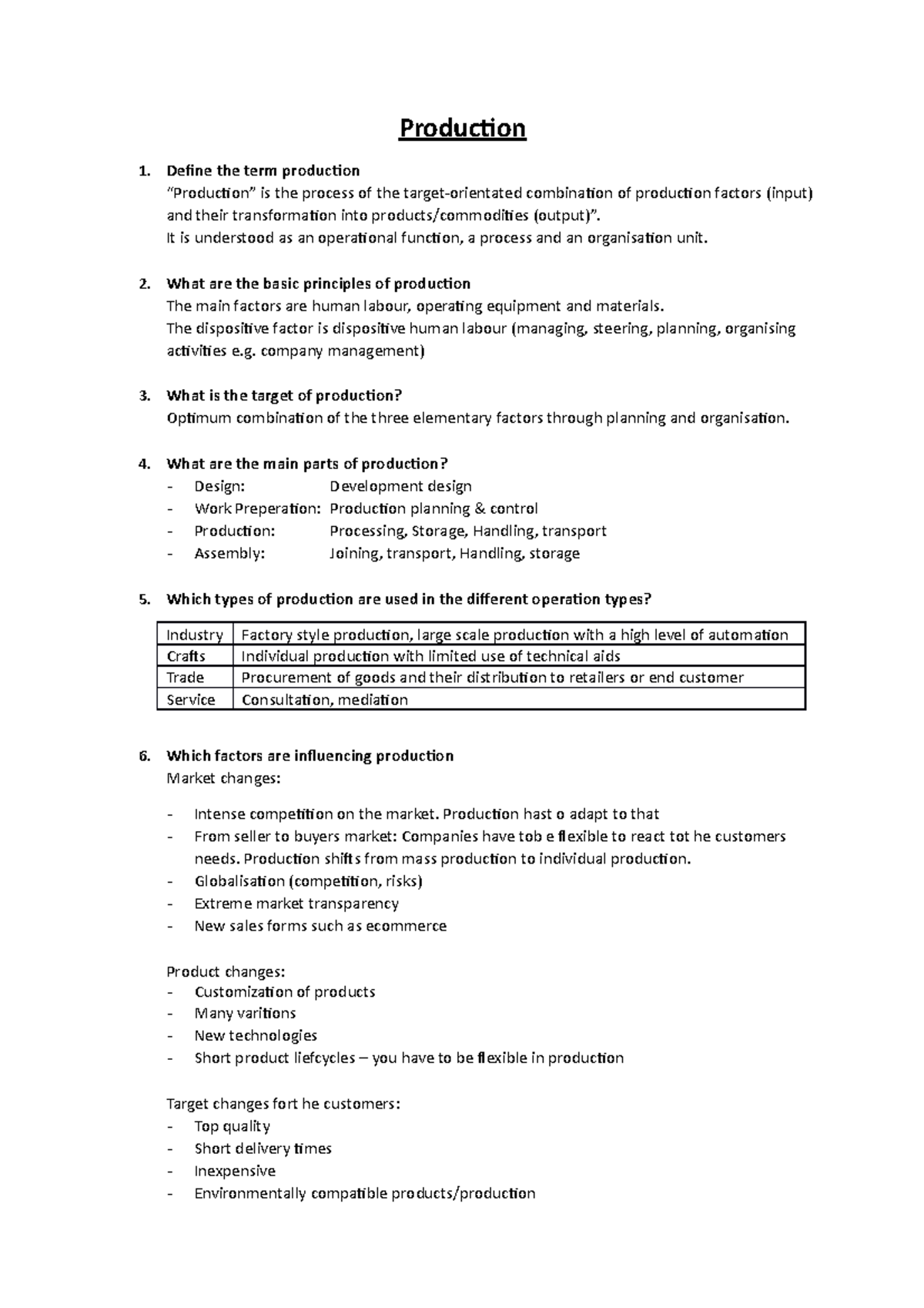 Production Exzerpt - Production 1. Define the term production is the ...