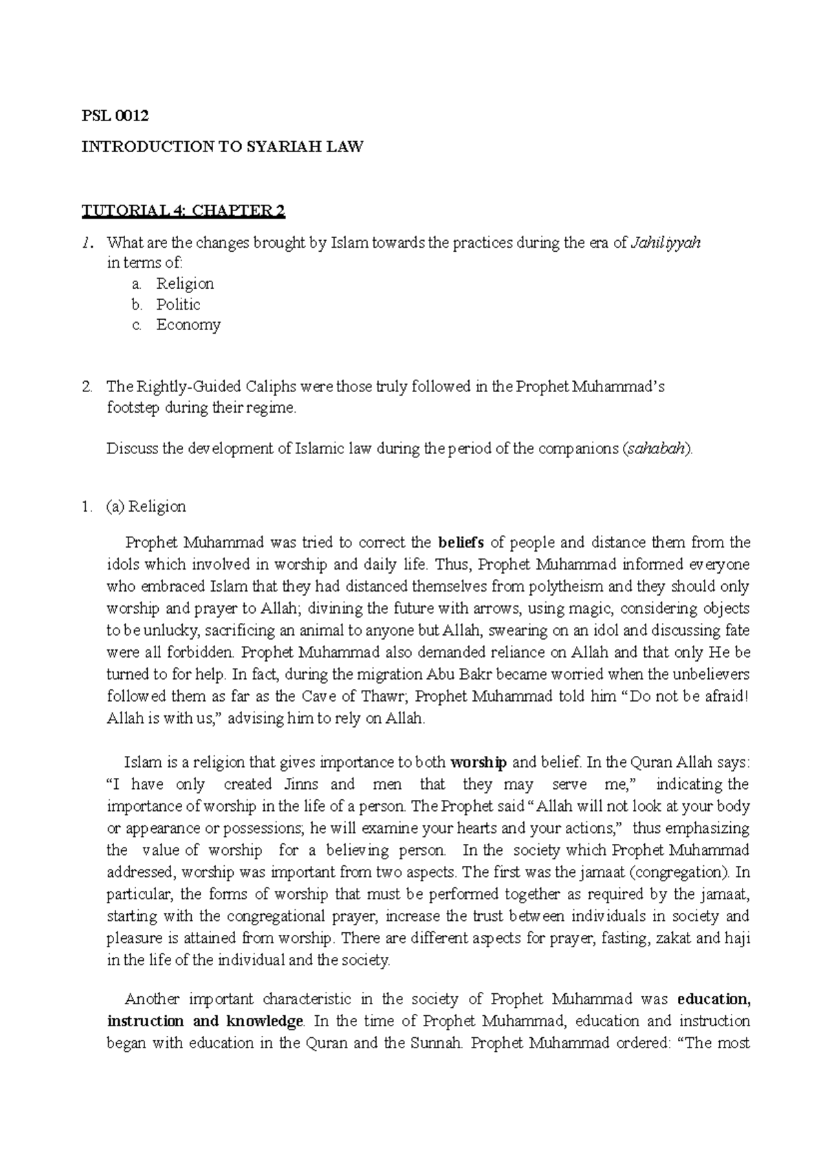 Introduction to Syariah Law Tutorial 4 - PSL 0012 INTRODUCTION TO ...