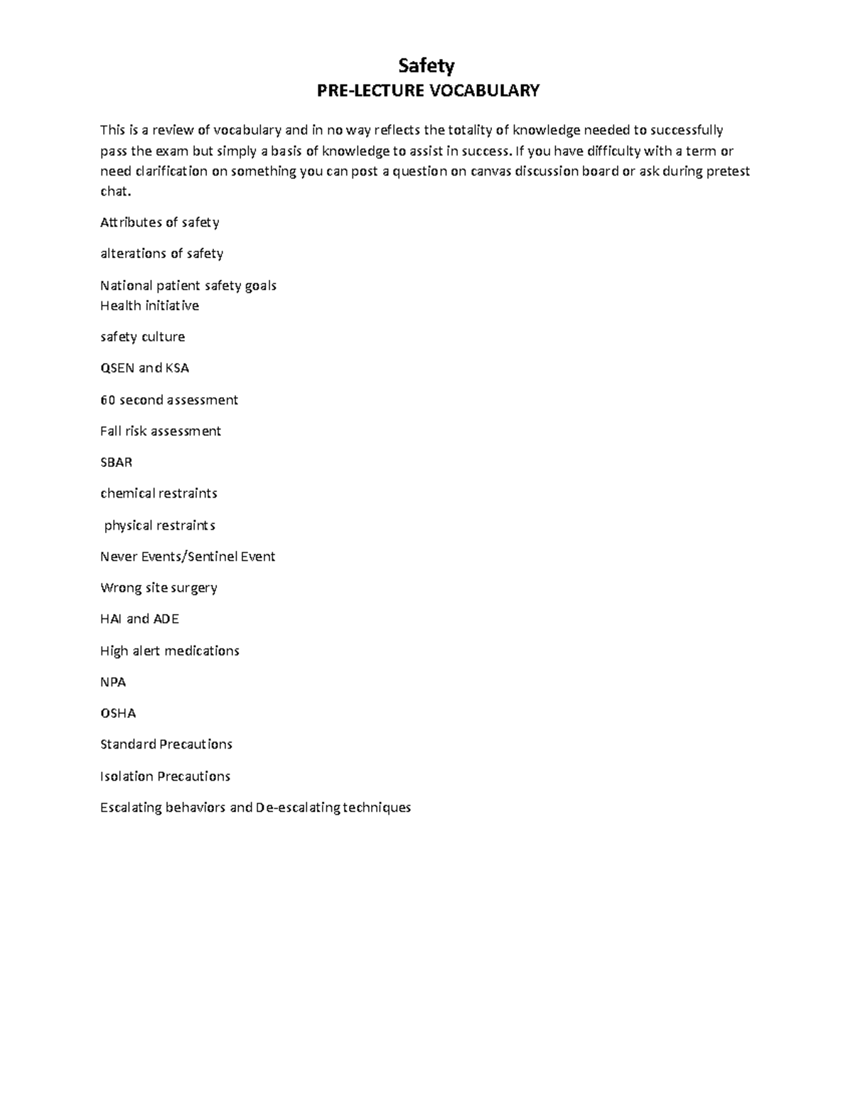 Safety Vocabulary - Safety PRE-LECTURE VOCABULARY This is a review of ...