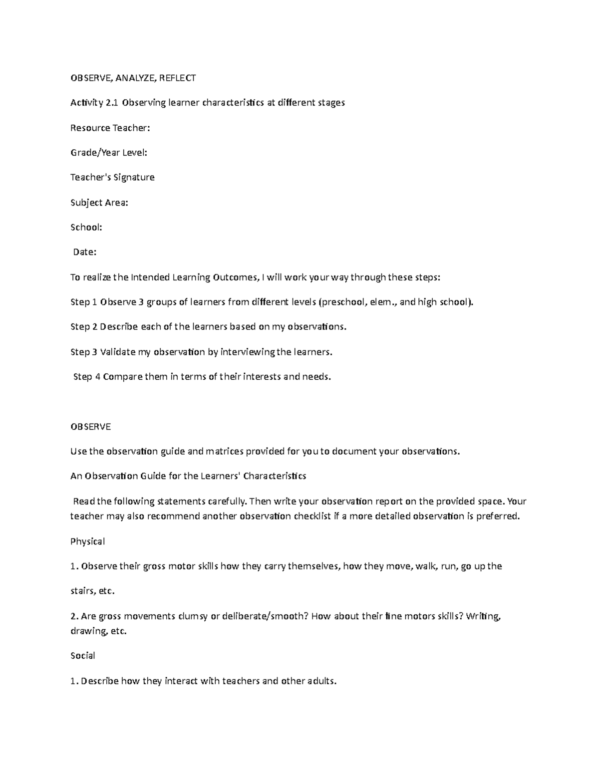 Learner Diversity - Activity - OBSERVE, ANALYZE, REFLECT Activity 2 ...