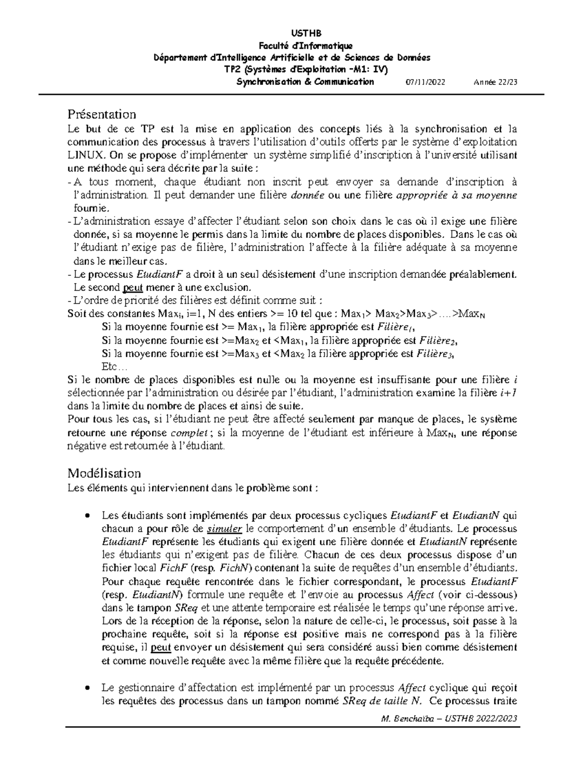 Tp2 2223 1 - TP2 - M. Benchaïba – USTHB 2022/ USTHB Faculté d ...