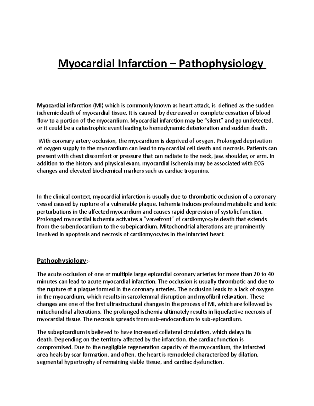 MI pathophysiology 2 - Myocardial infarction (MI) which is commonly ...