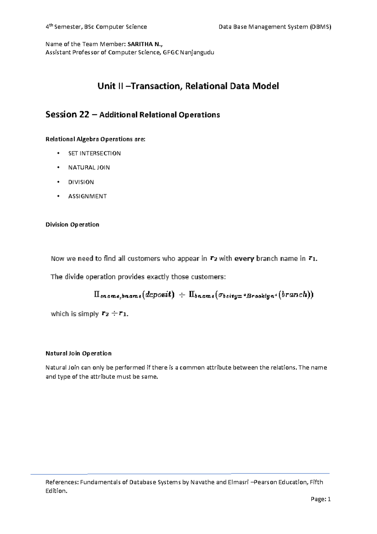 DBMS Unit2 Session 22 Additional - 4 th Semester, BSc Computer Science ...