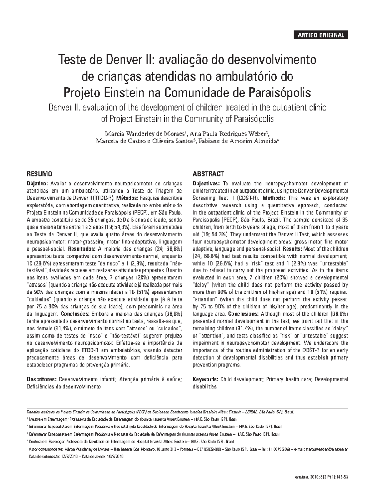 Artigo 6 - clmclds - ARTIGO ORIGINAL Teste de Denver II: avaliação do ...