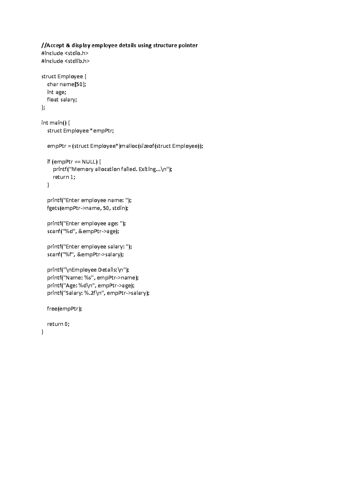 UNIT 1 Codes pt1 - random - //Accept & display employee details using structure pointer #include ...
