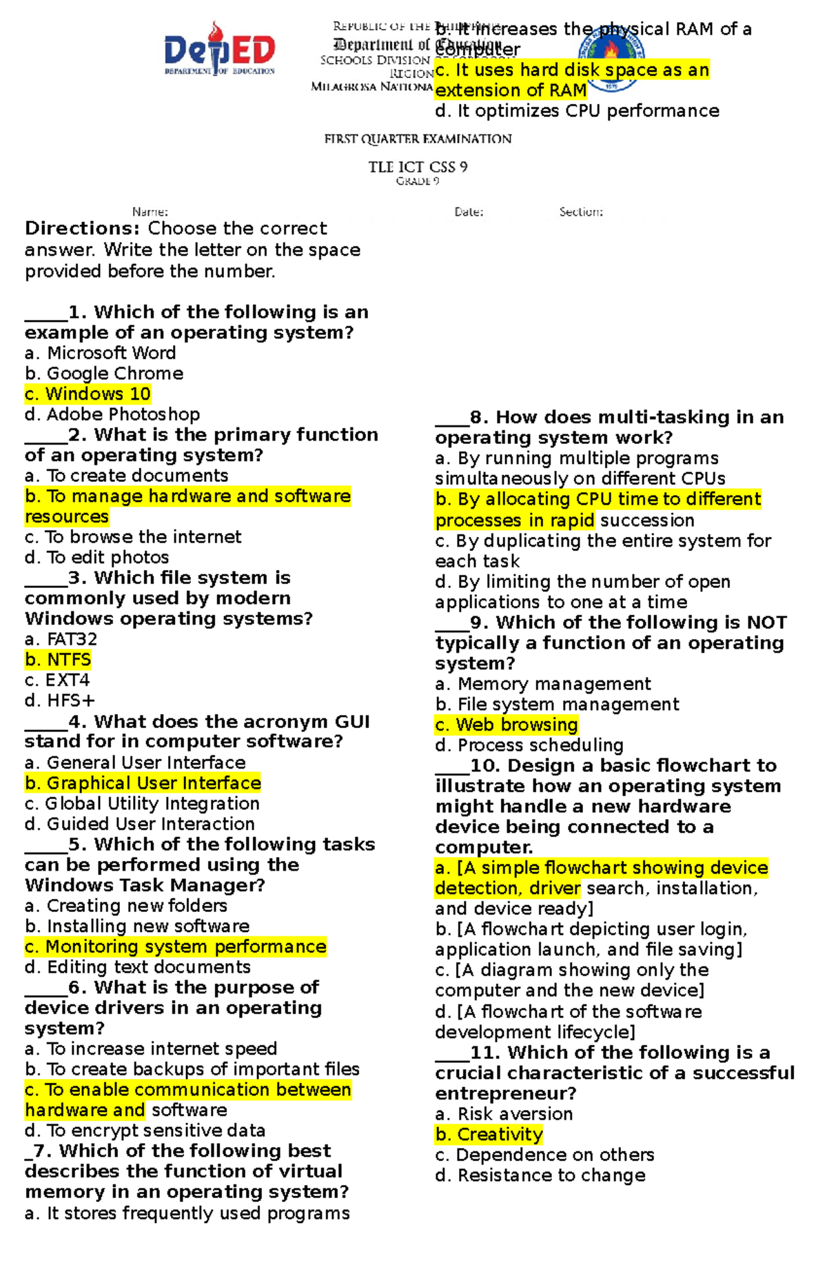 TLE ICT CSS9 Q1 EXAM 2024 2 - Directions: Choose the correct answer ...
