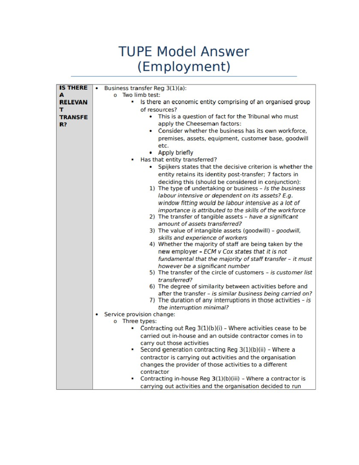 TUPE Model Answer - Relevant Transfer - TUPE Model Answer (Employment ...