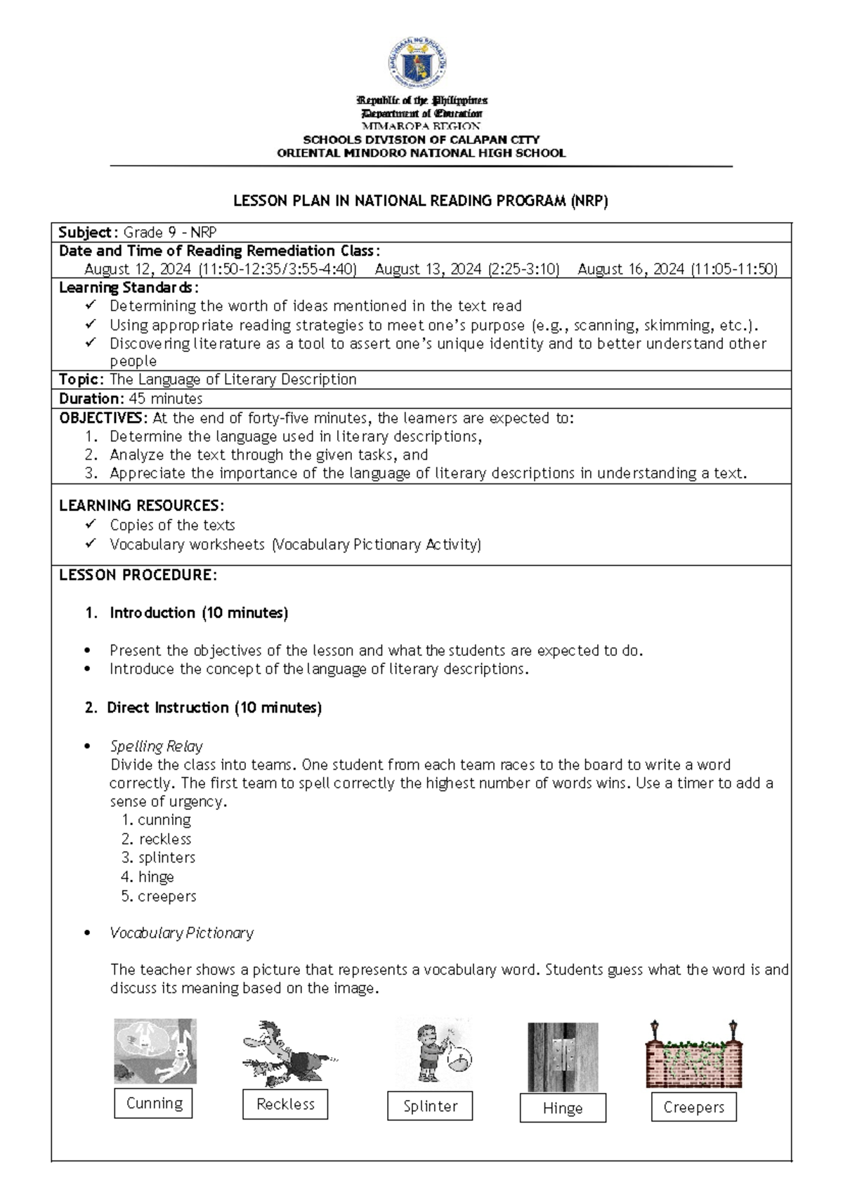 NRP activity sheet - LESSON PLAN IN NATIONAL READING PROGRAM (NRP ...