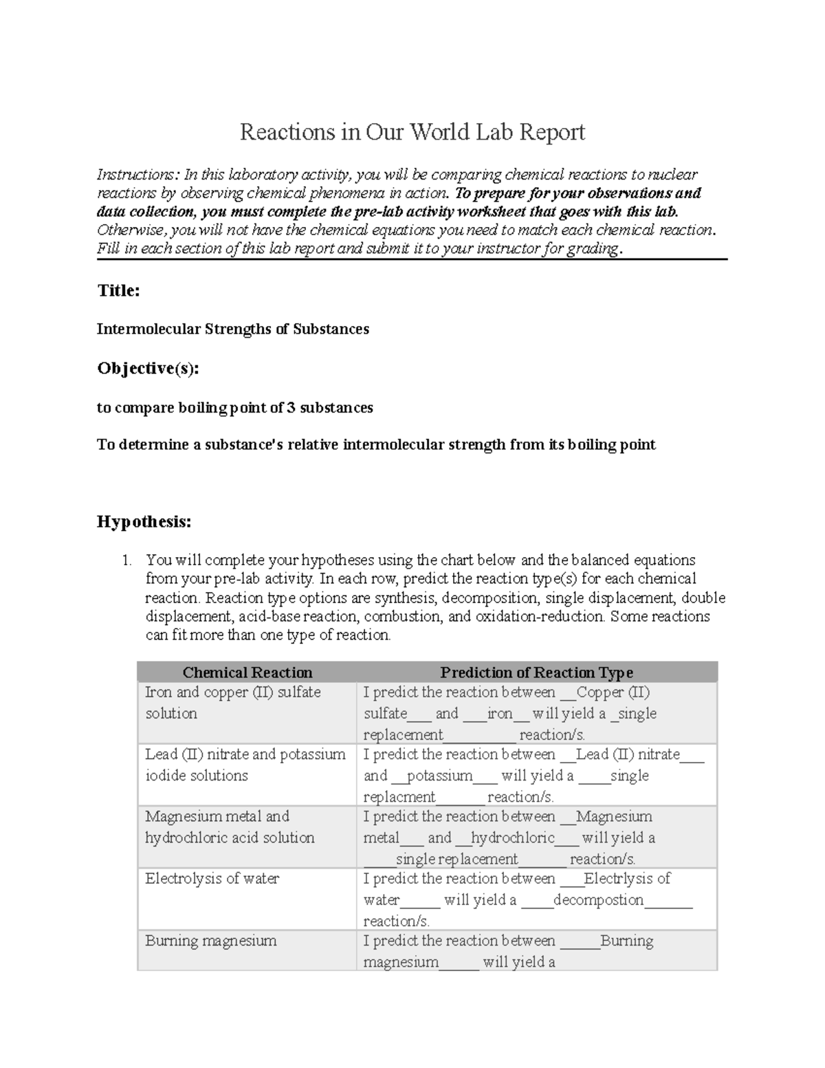 Lab report (1)dfghjk - idek - Reactions in Our World Lab Report Instructions: In this laboratory ...