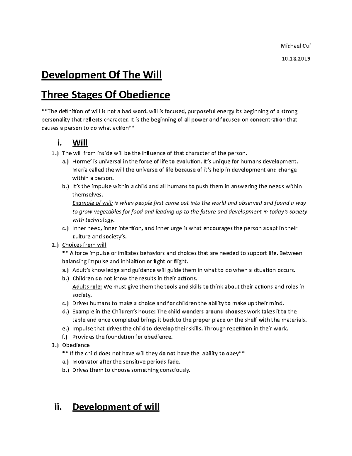 Development of will outline - Michael Cui Development Of The Will Three ...