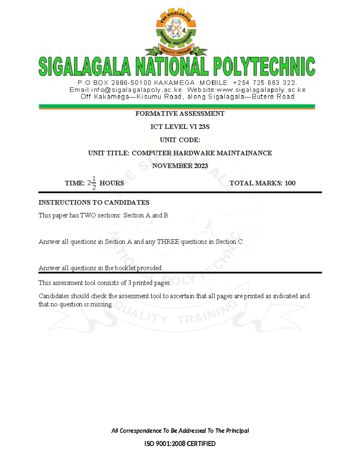 Cover PAGE CBET Level Assessment TOOL Level 6 034418 - FORMATIVE ...