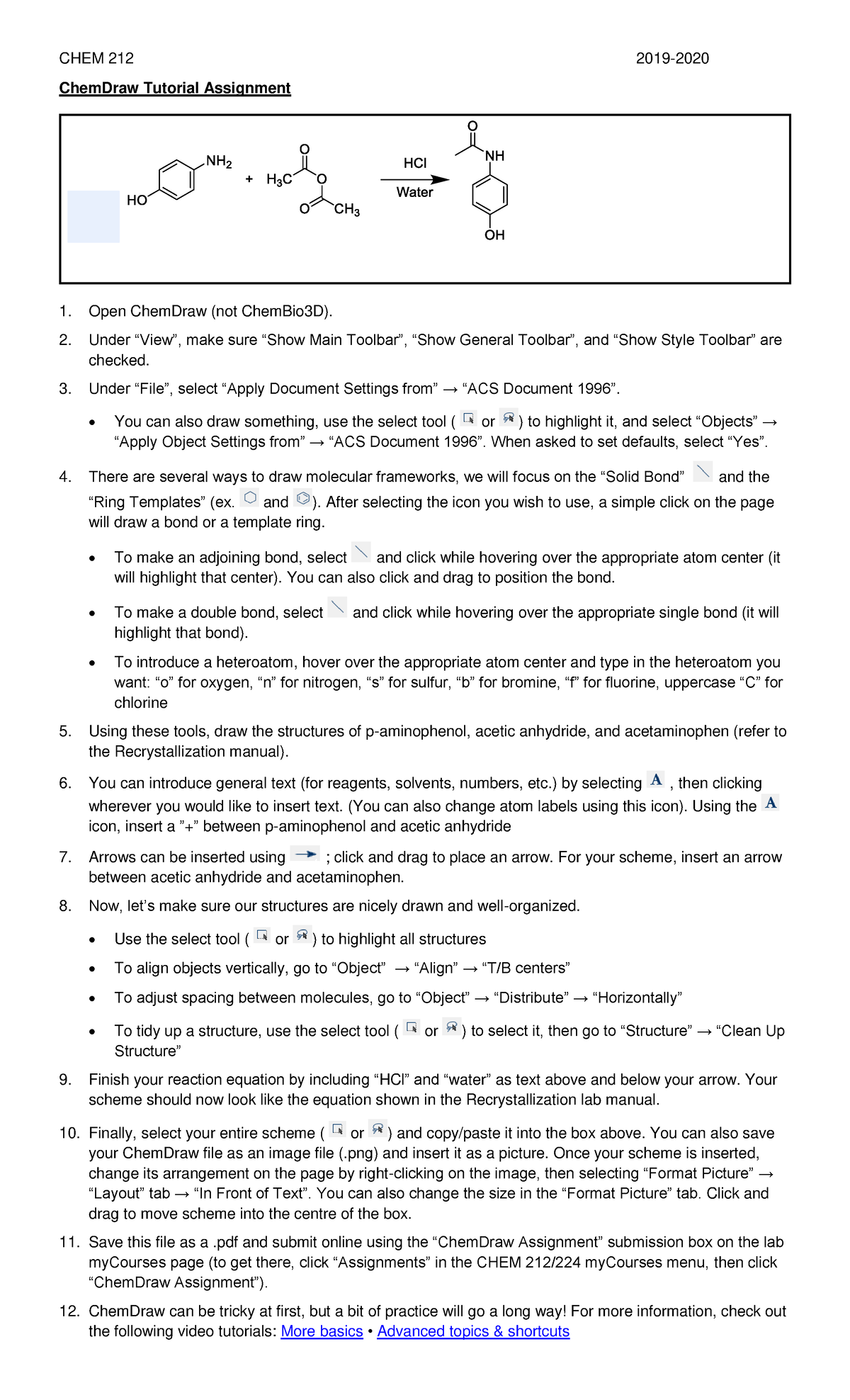 212-chemdraw-assign - CHEM 212 2019 - ChemDraw Tutorial Assignment Open ChemDraw (not ChemBio3D ...