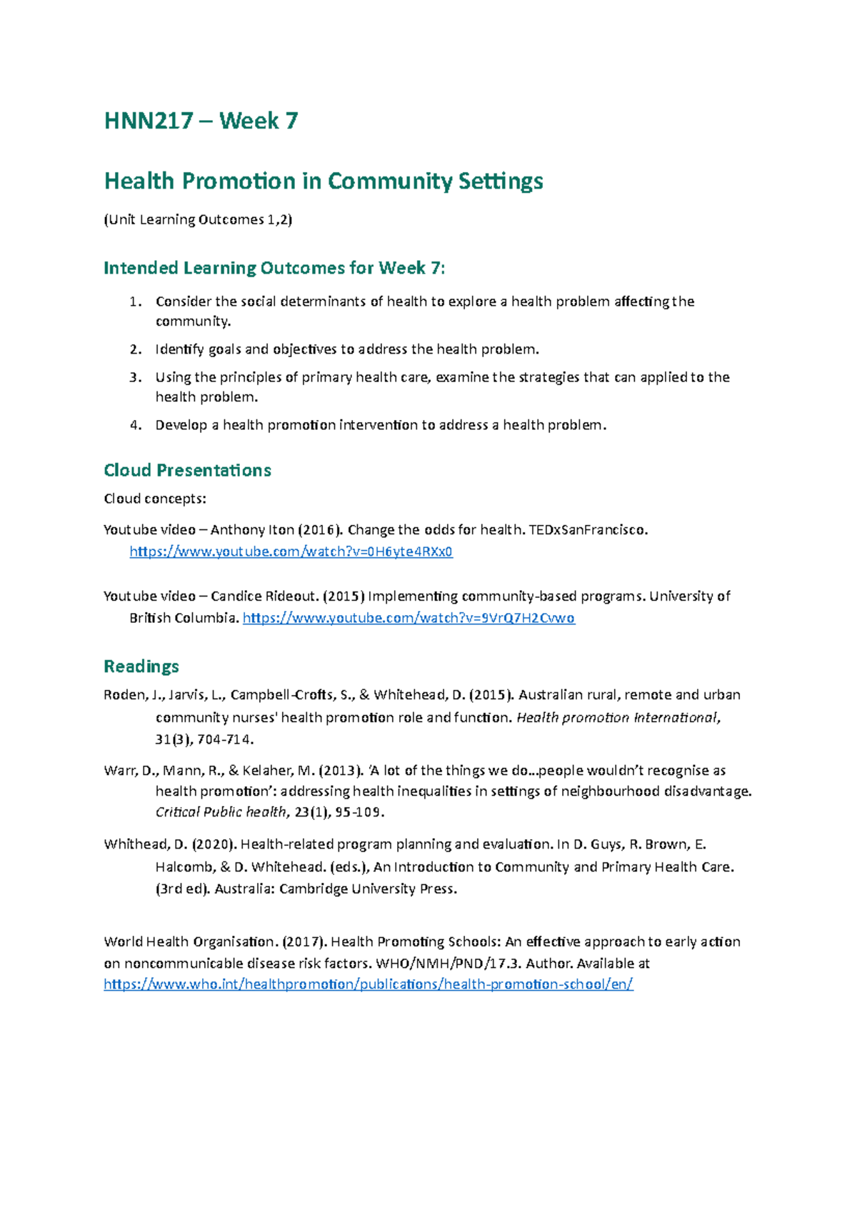 Seminar Guide Week7 - HNN217 – Week 7 Health Promotion in Community ...