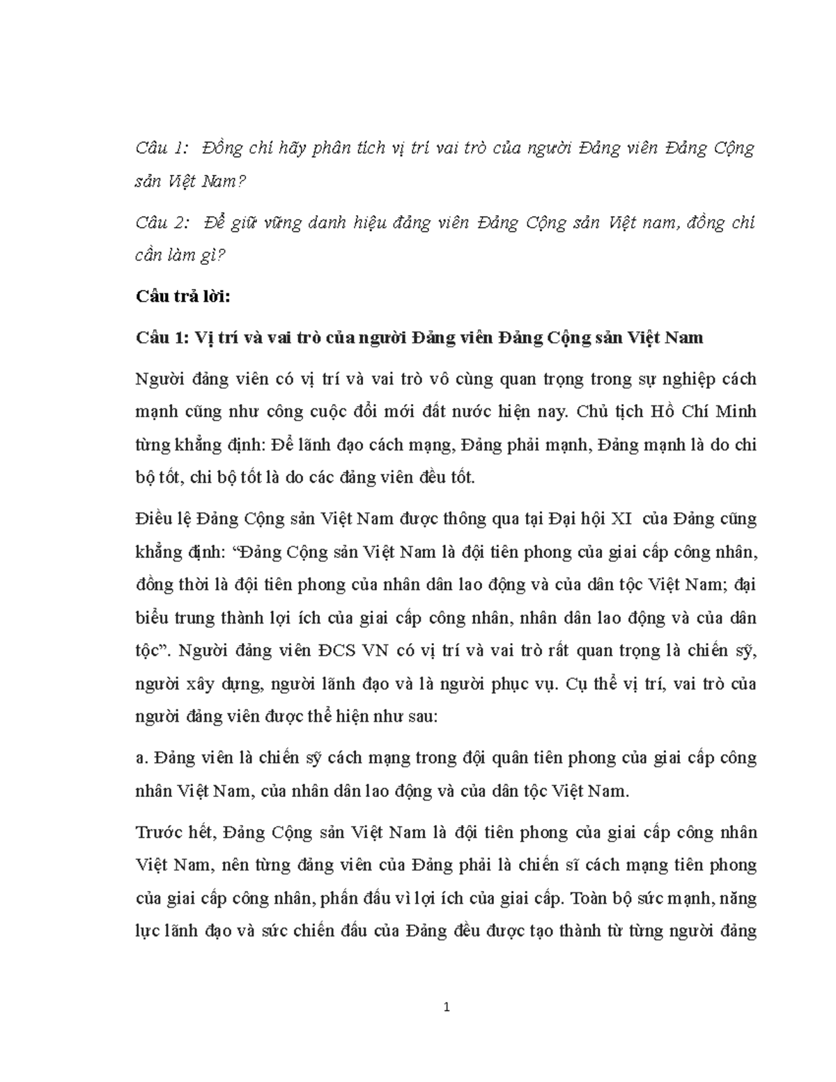 Bai Thu Hoạch Đảng Viên Thu Hoạch đảng Câu 1 Đồng Chí Hãy Phân Tích Vị Trí Vai Trò Của