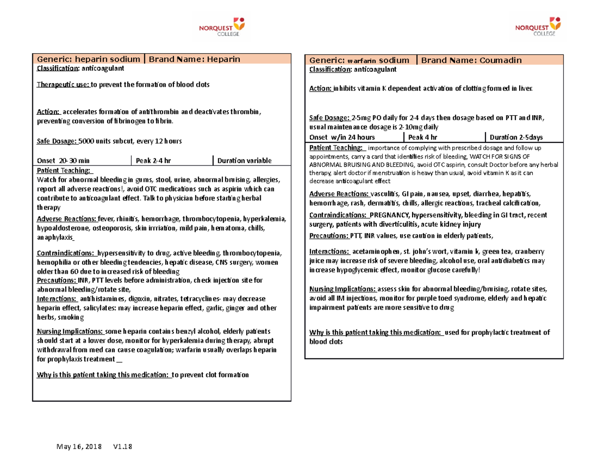 Heparinwarfarin - nursing medication cards for clinical - May 16, 2018 ...