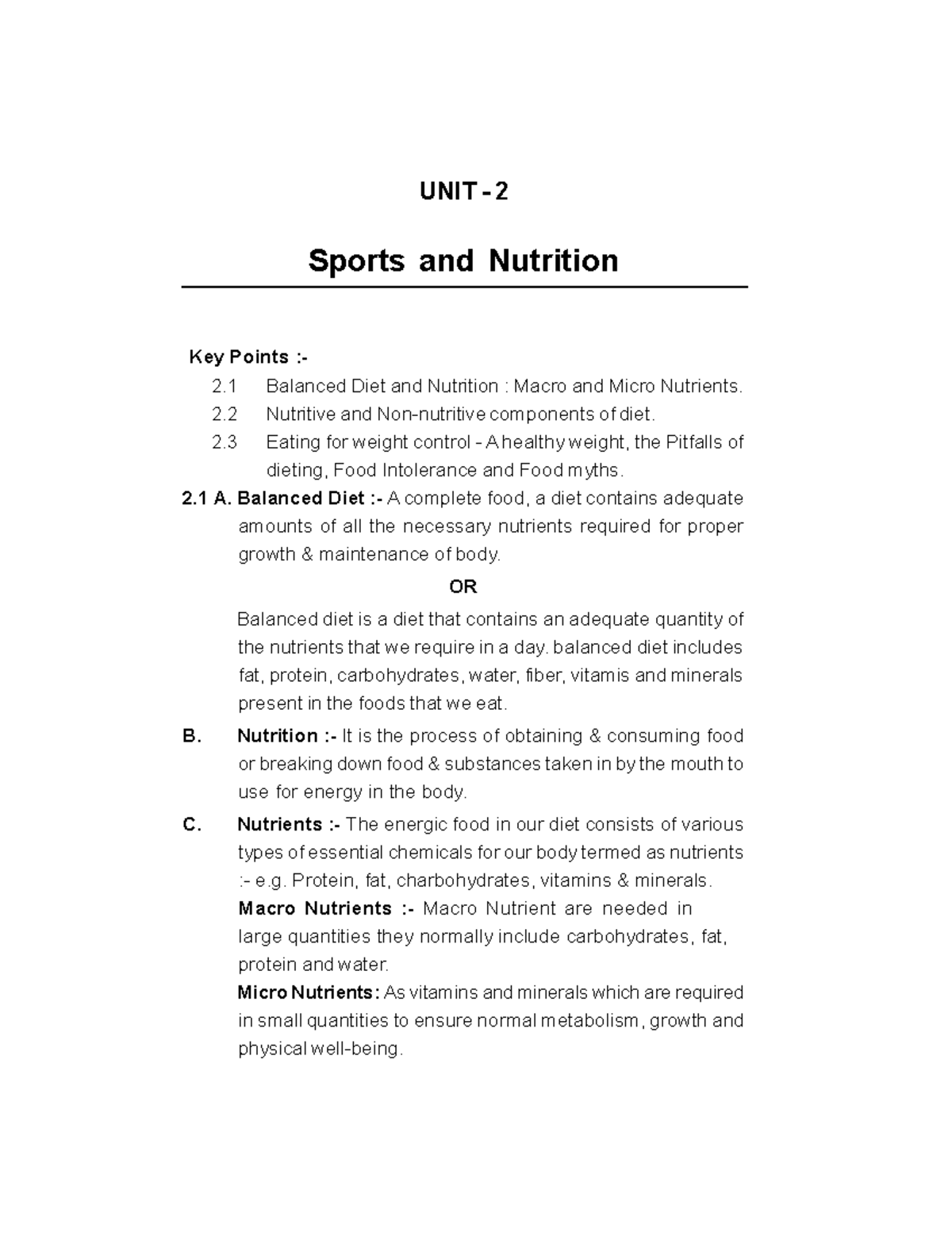 Physical education notes - UNIT - 2 Sports and Nutrition Key Points ...