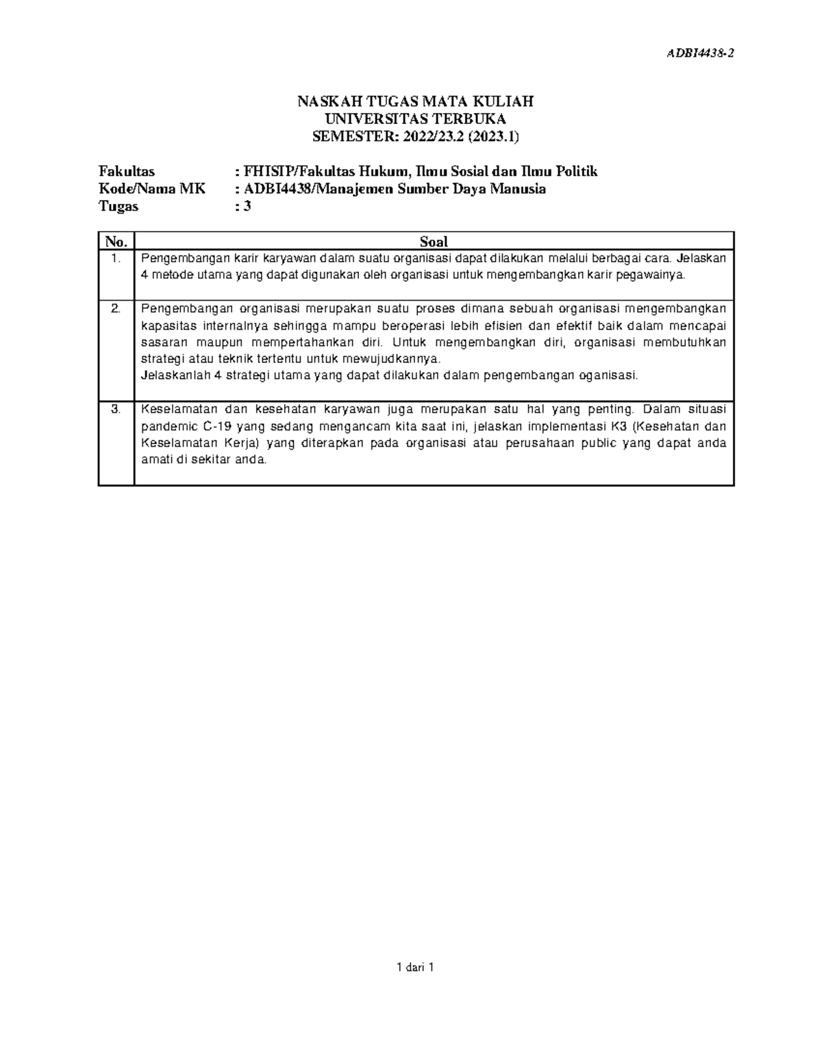Soal adbi4438 tmk3 2 - soal pajak - ADBI4438- 1 dari 1 NASKAH TUGAS MATA KULIAH UNIVERSITAS ...