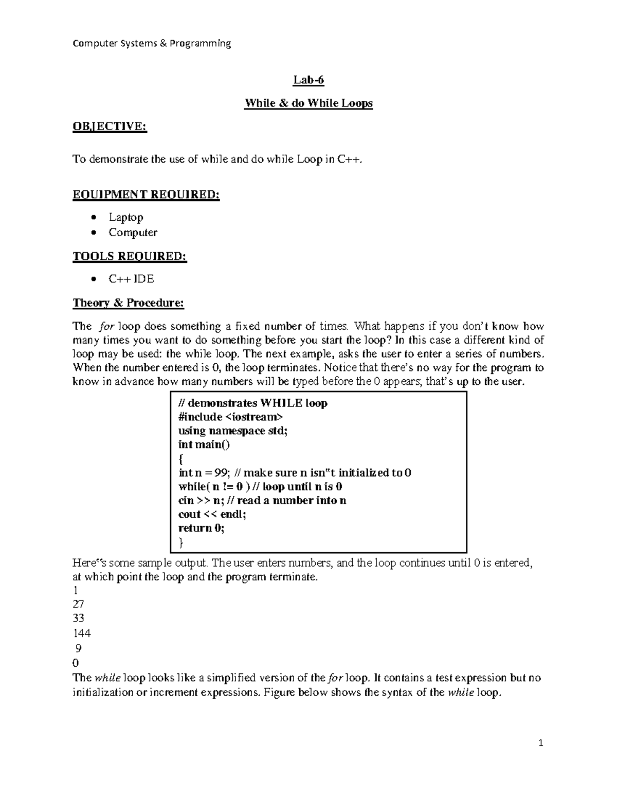 (Lab 06) - Lab- While & do While Loops OBJECTIVE: To demonstrate the ...