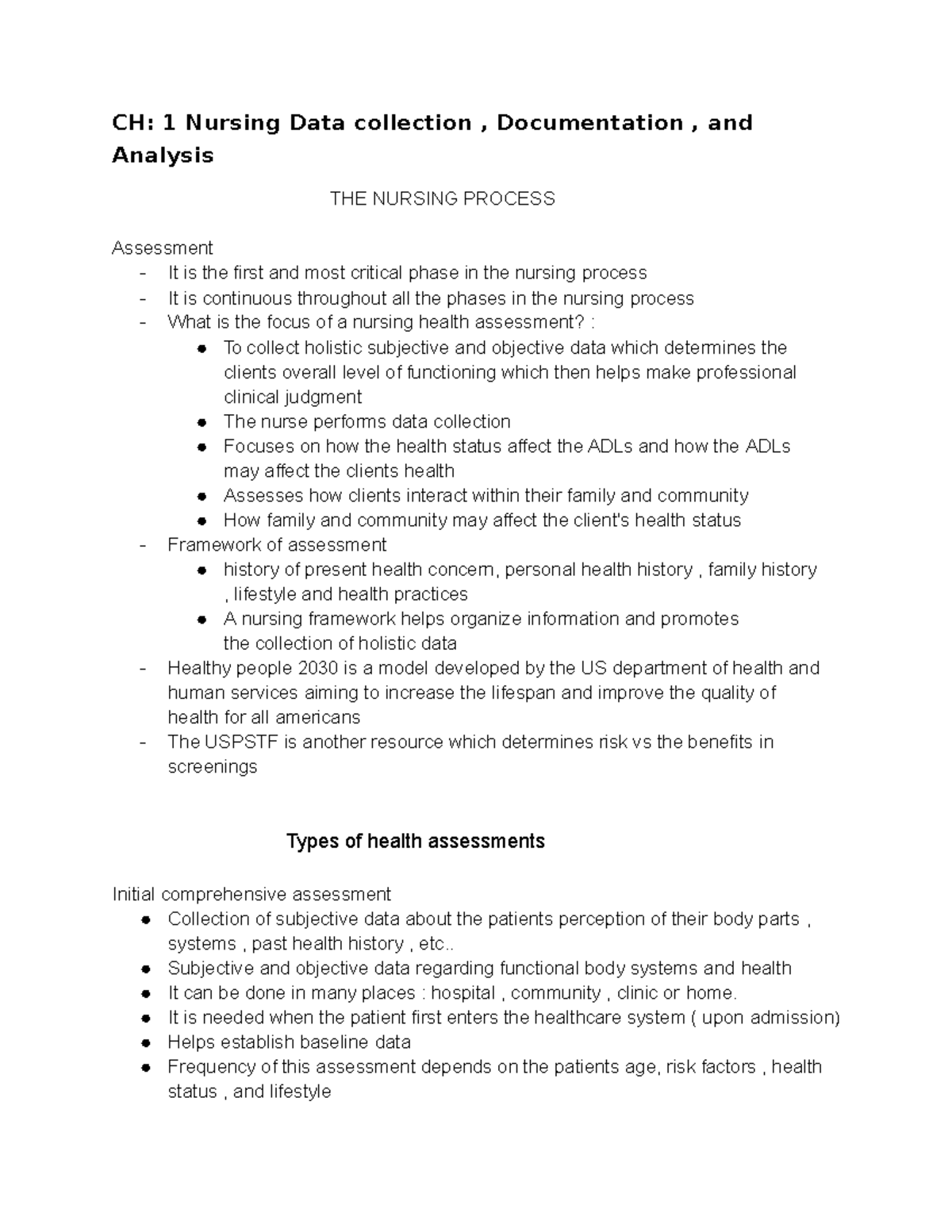 HA-CHAP 1-2 Notes - CH: 1 Nursing Data collection , Documentation , and ...