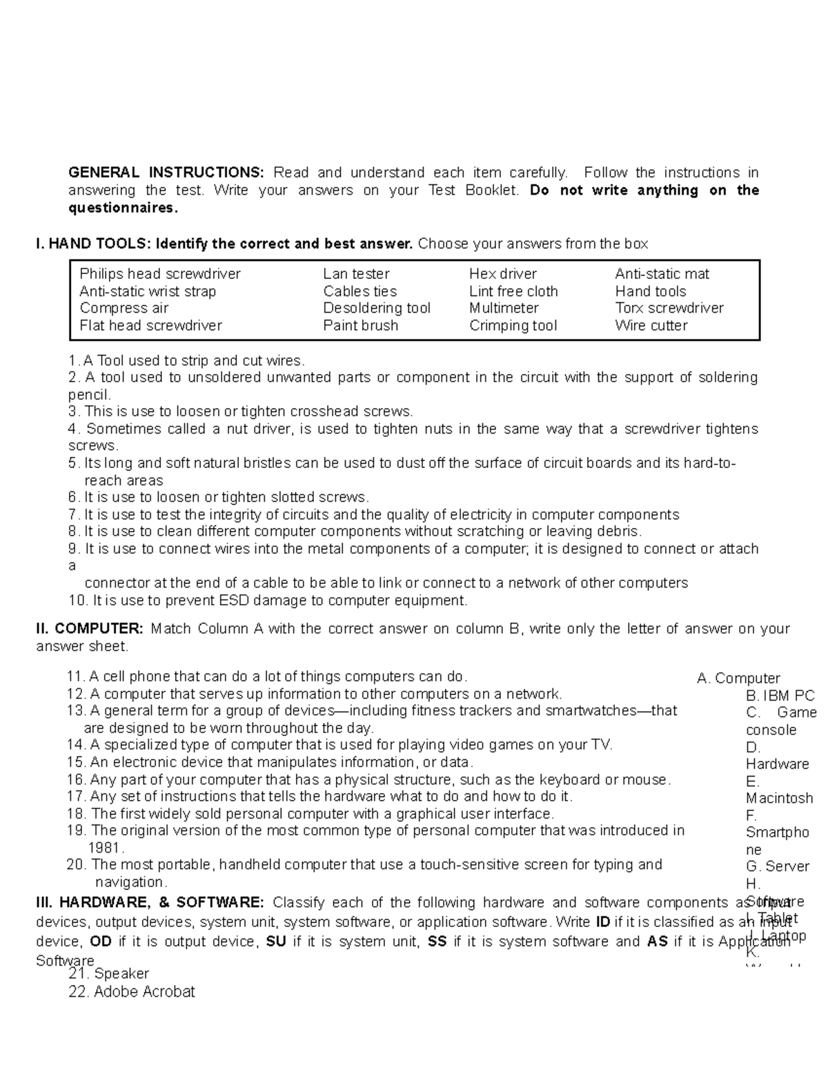 TLE-Q1- Assessment - just more on identification - GENERAL INSTRUCTIONS ...