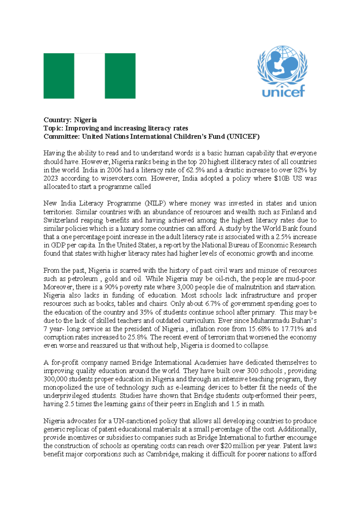 MUN Position Paper Jeremyh - Country: Nigeria Topic: Improving and ...
