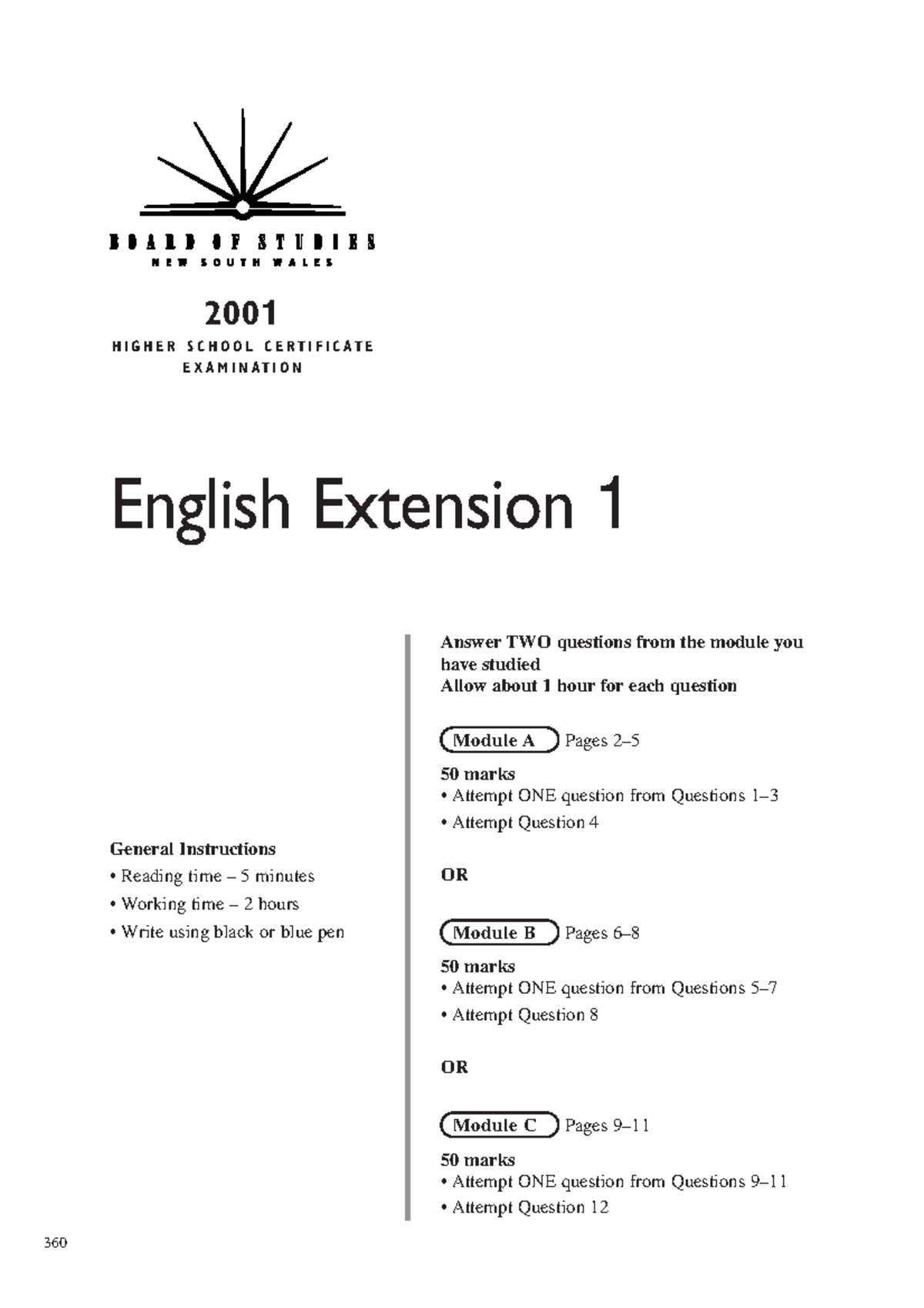 2001 - 01. HSC English Extension 1 - 2001 H I G H E R S C H O O L C E R ...