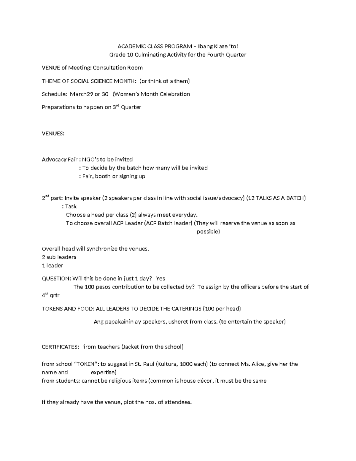 SPCP ACP - ACADEMIC CLASS PROGRAM – Ibang Klase ‘to! Grade 10 Culminating Activity for the ...