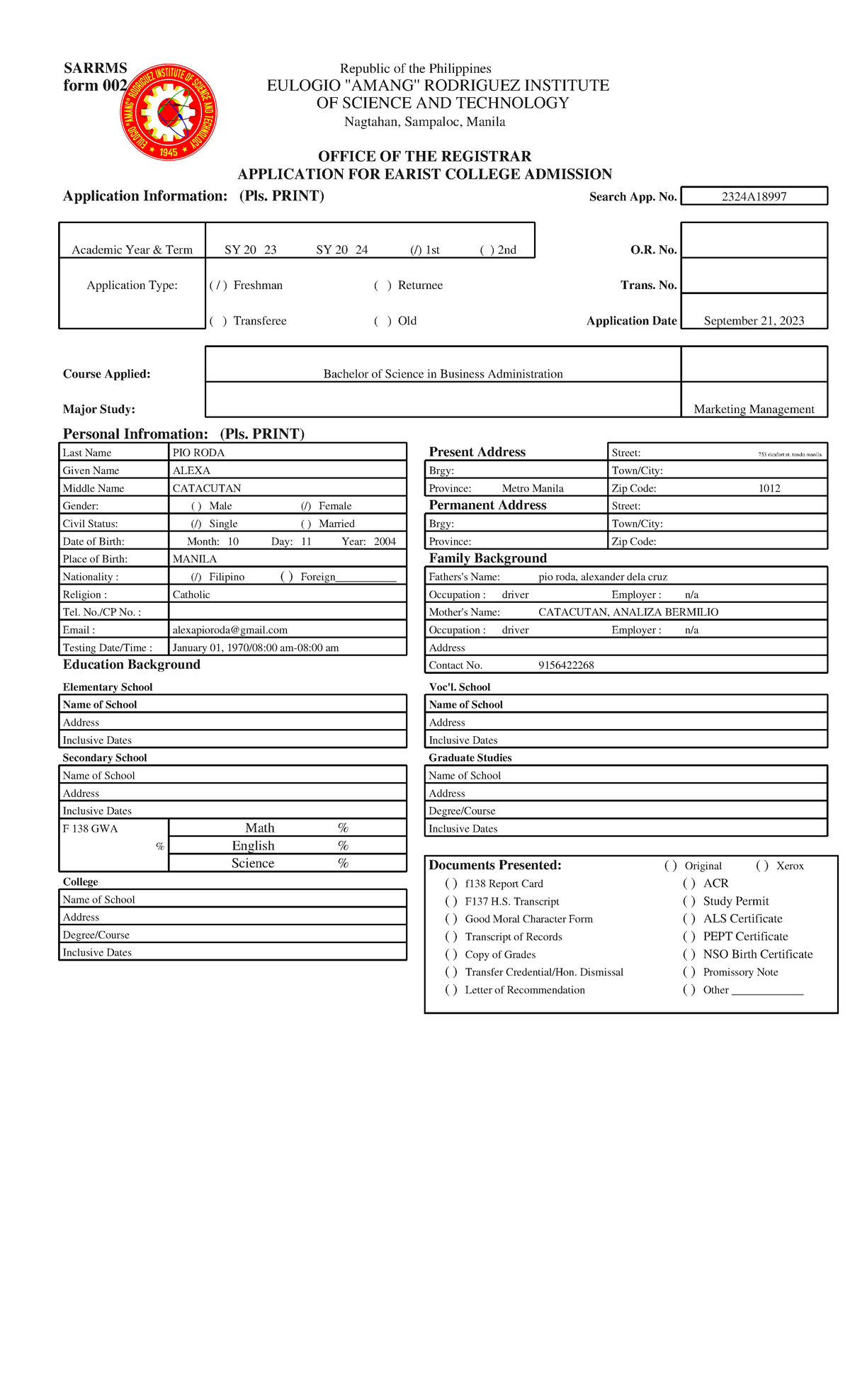 Alexa 2 - BASTA ANU - SARRMS Republic of the Philippines form 002 ...