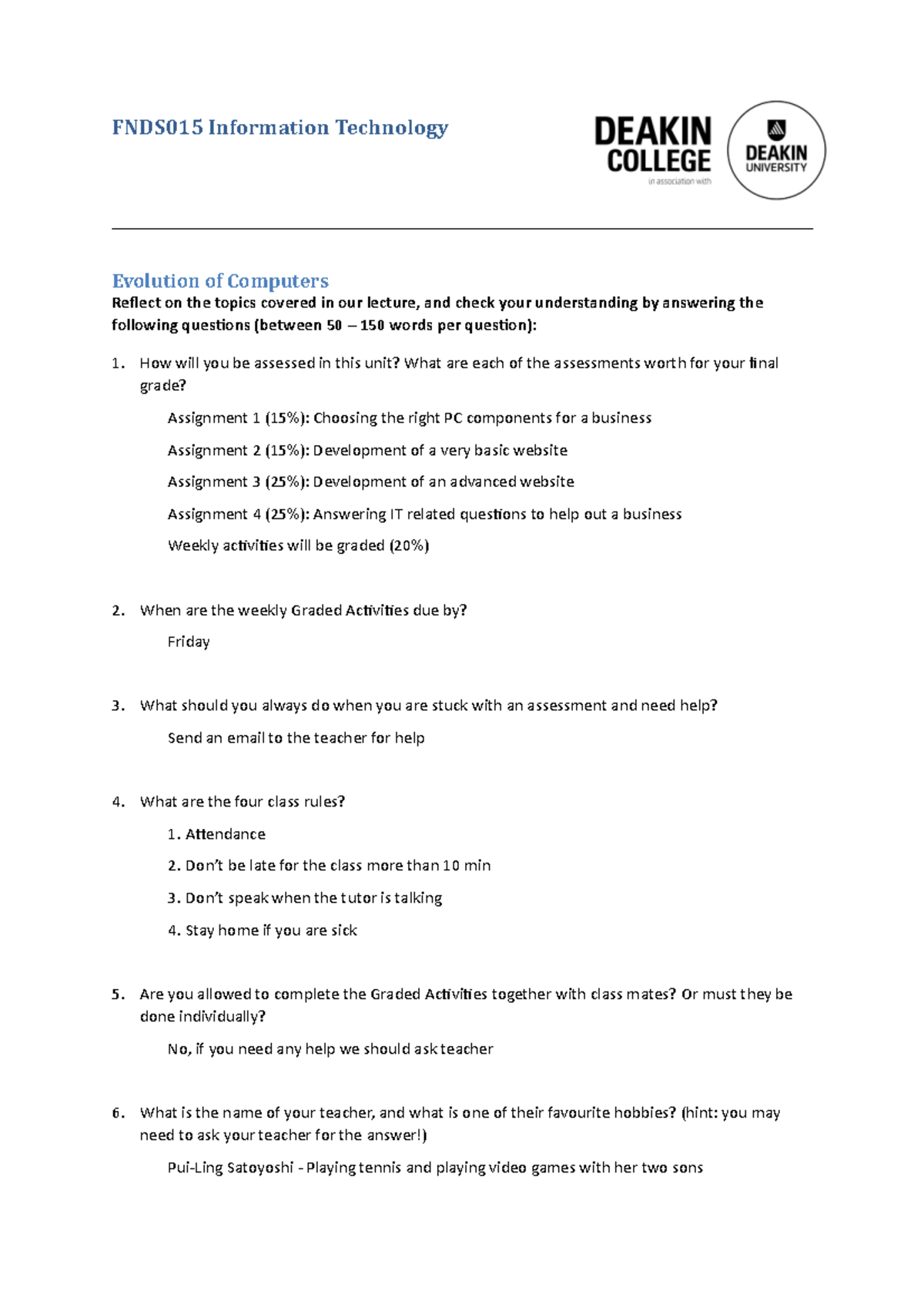 Graded Activity The Evolution of Computers W1 (IT) - FNDS015 ...