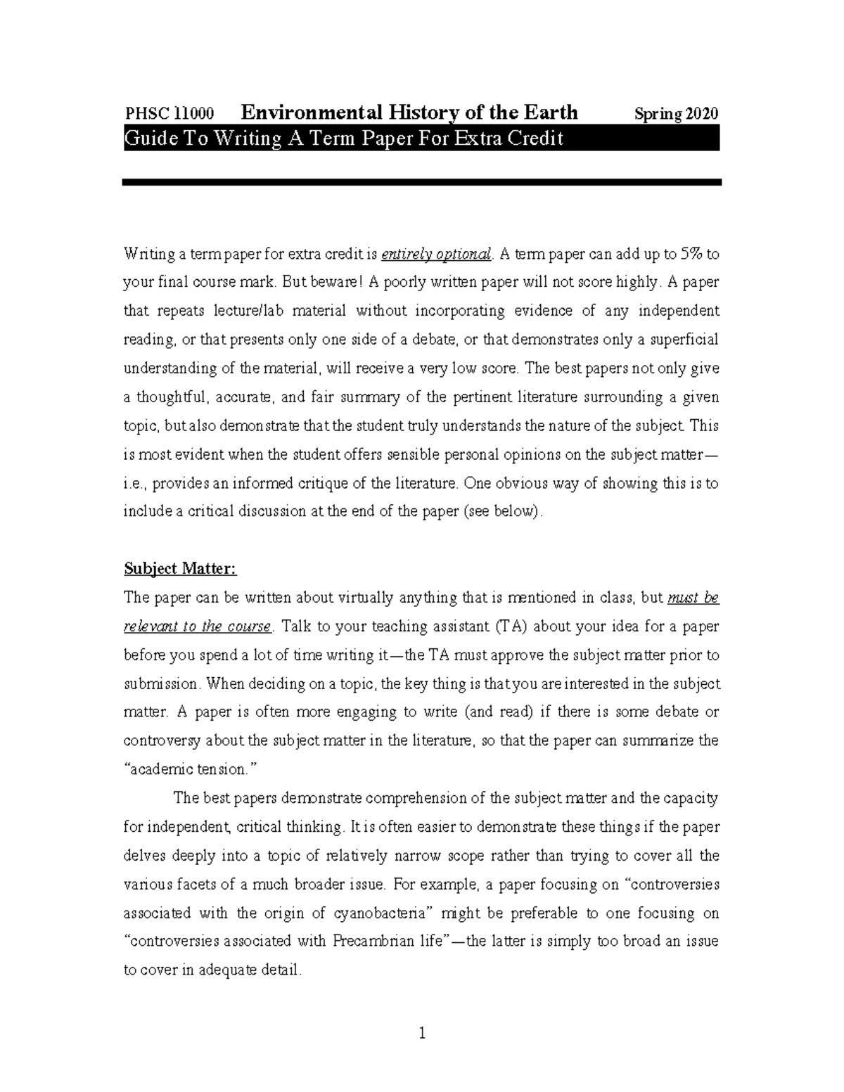 PHSC11000 Term Paper Guide - Environmental History of the Earth Guide ...